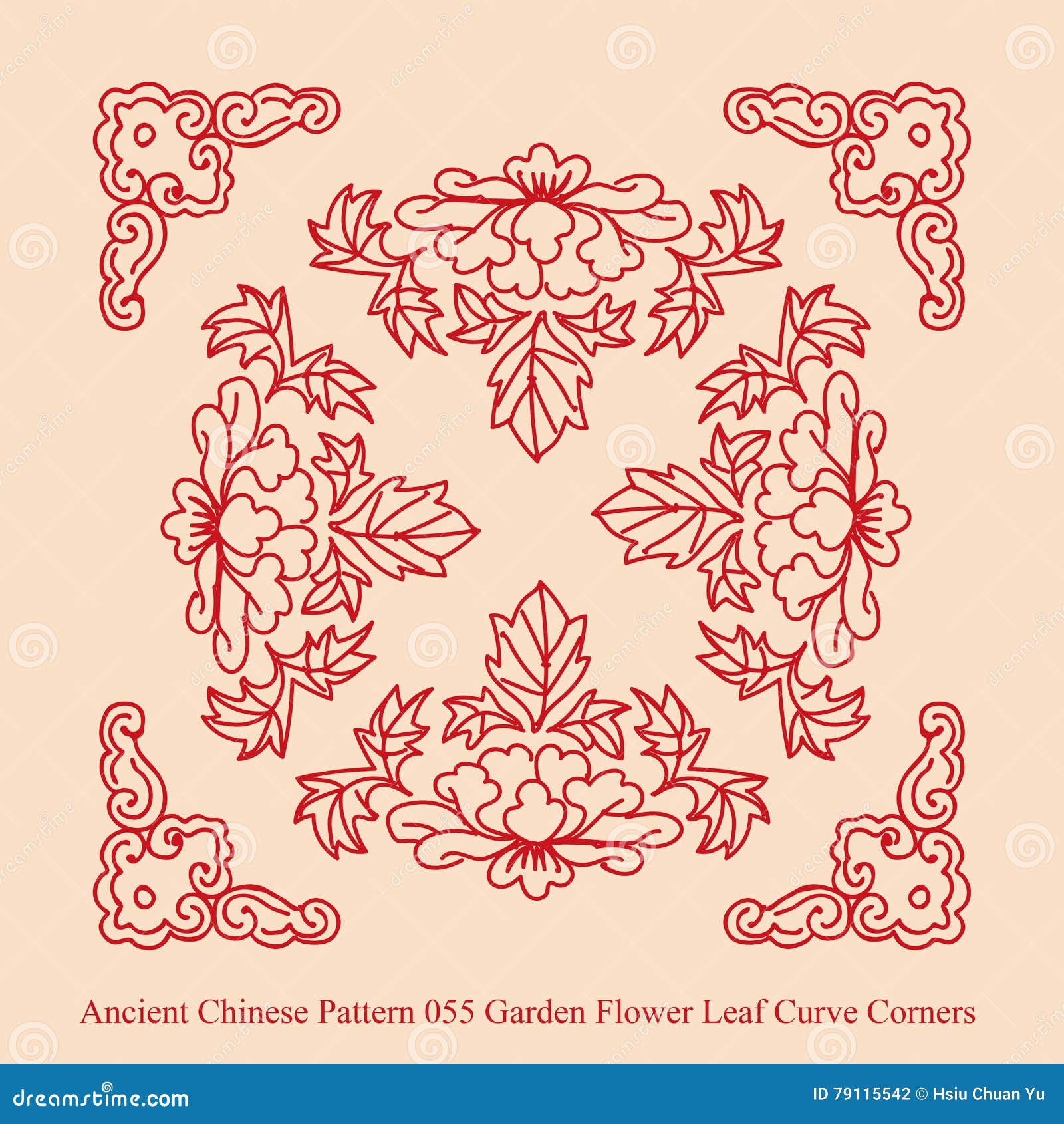 Ancient Chinese Pattern 055 Garden Flower Leaf Curve Corners Stock ...