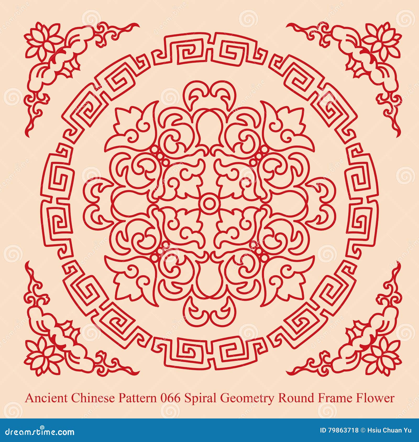 Ancient Chinese Pattern_066 Spiral Geometry Round Frame Flower Stock ...