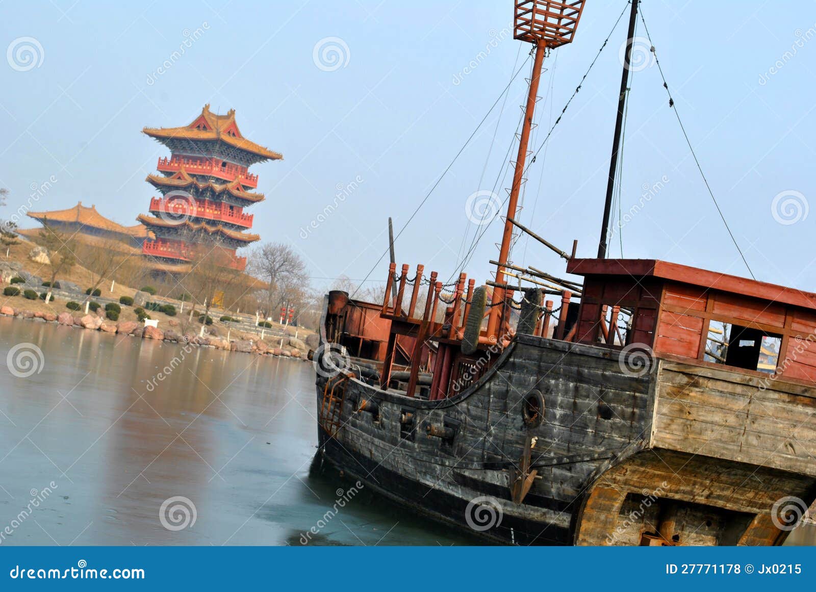 Ancient Chinese Ship and Building Stock Photo - Image of morning ...