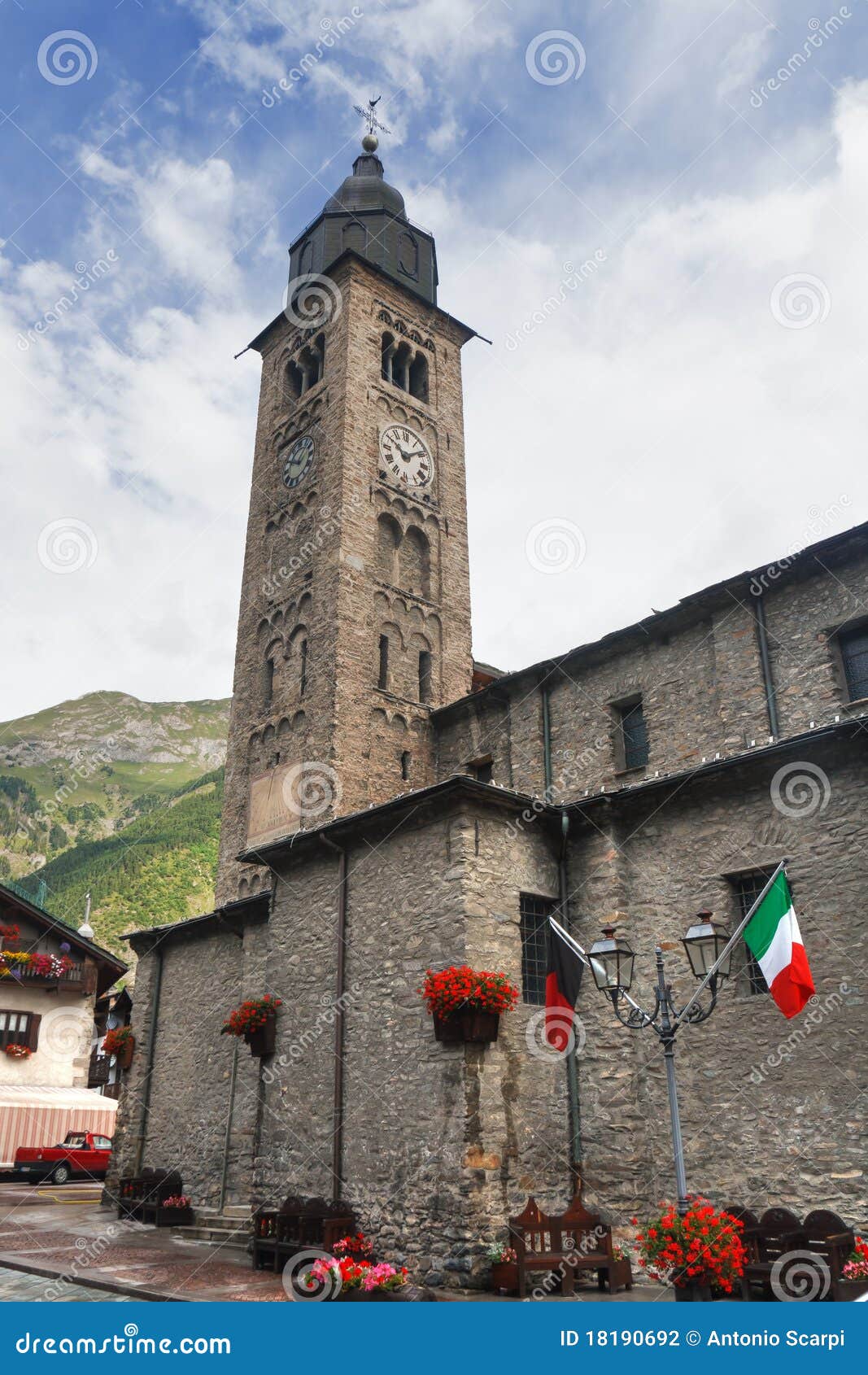 Ancient church in Morgex stock photo. Image of clock - 18190692