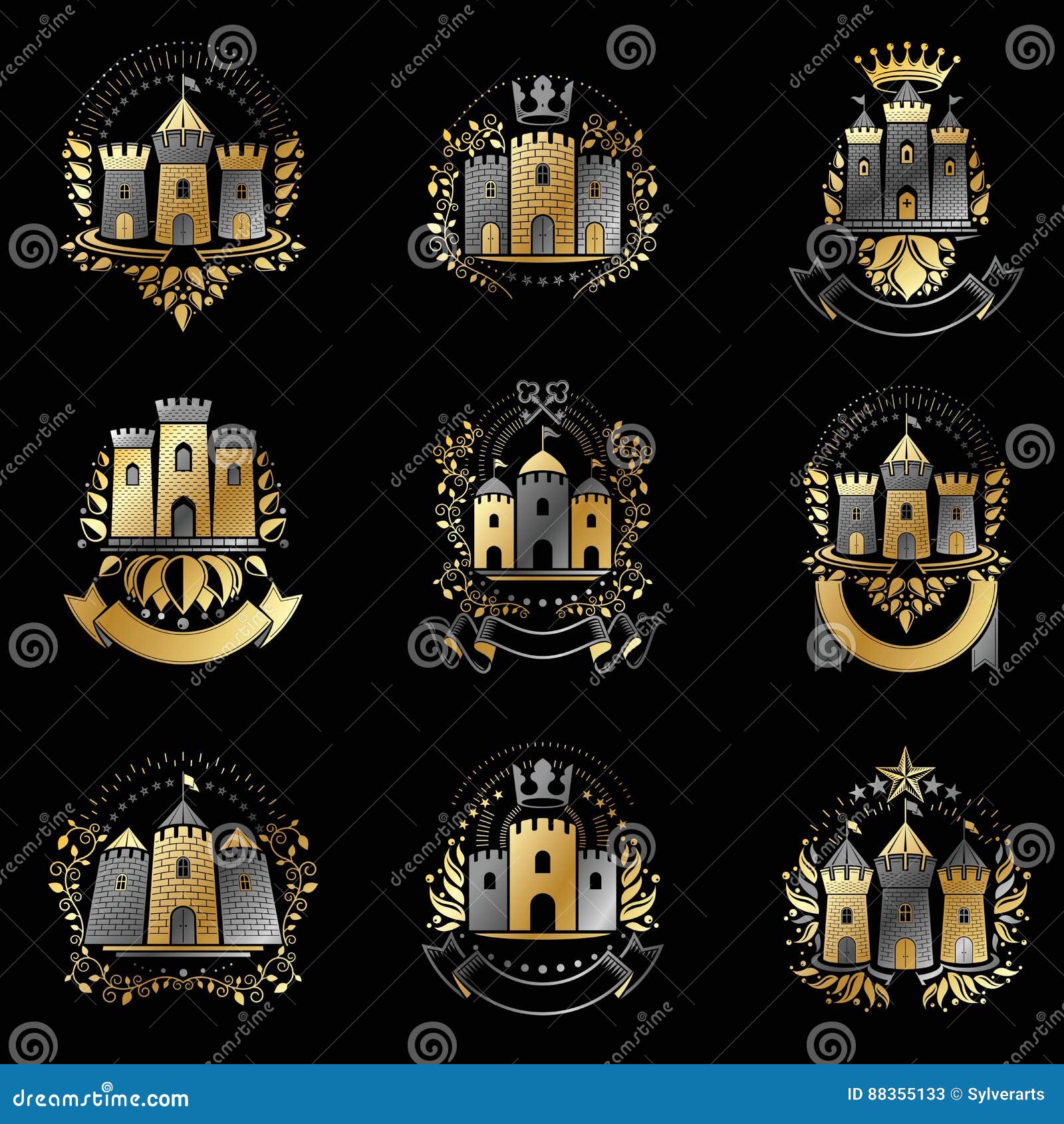 Ancient Citadels Emblems Set. Heraldic Vector Design Elements Co Stock ...