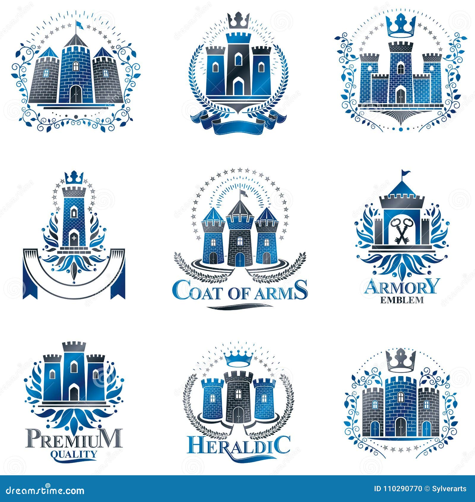 Ancient Citadels Emblems Set. Heraldic Vector Design Elements Co Stock ...