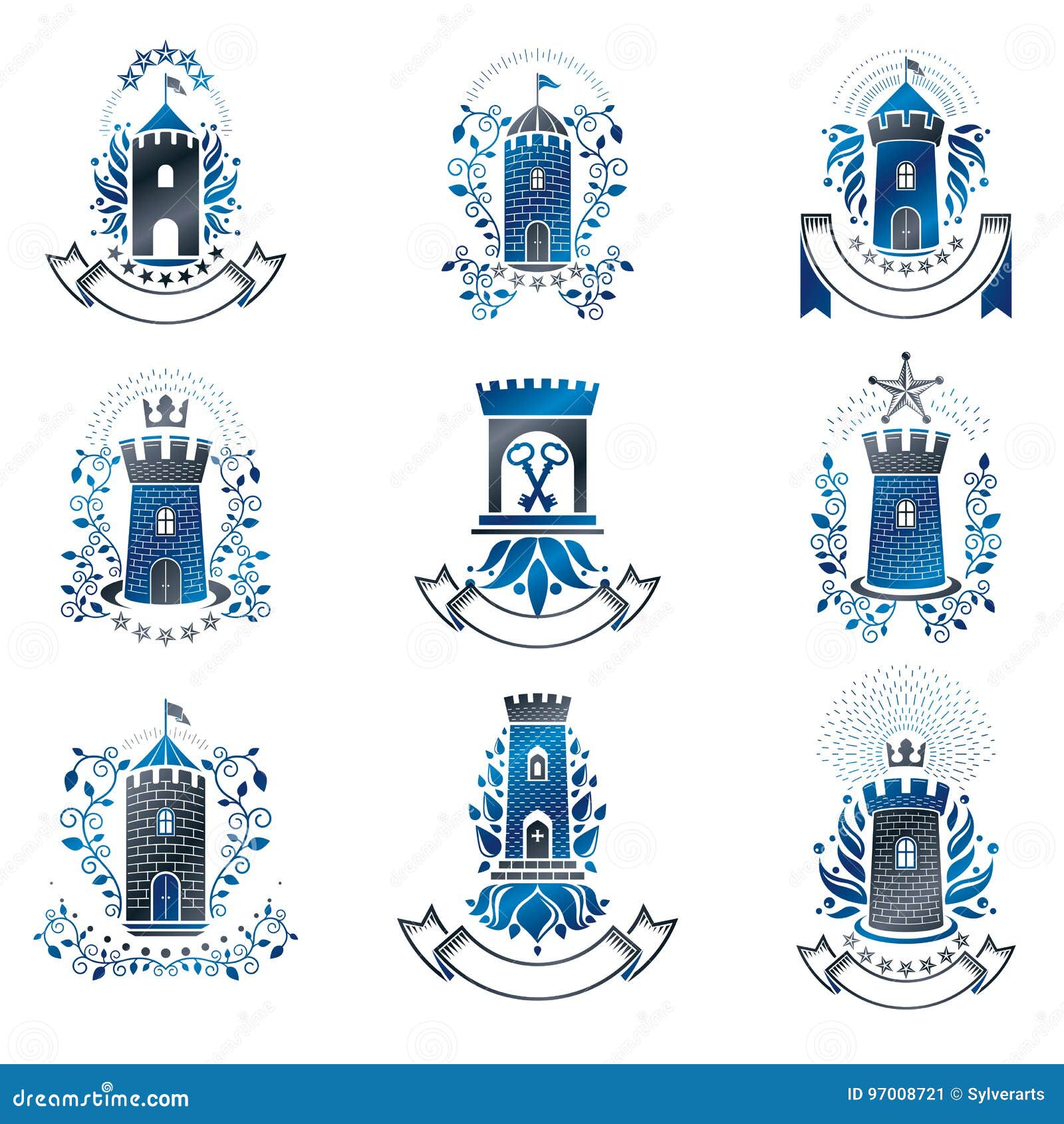 Ancient Citadels Emblems Set. Heraldic Vector Design Elements Co Stock ...