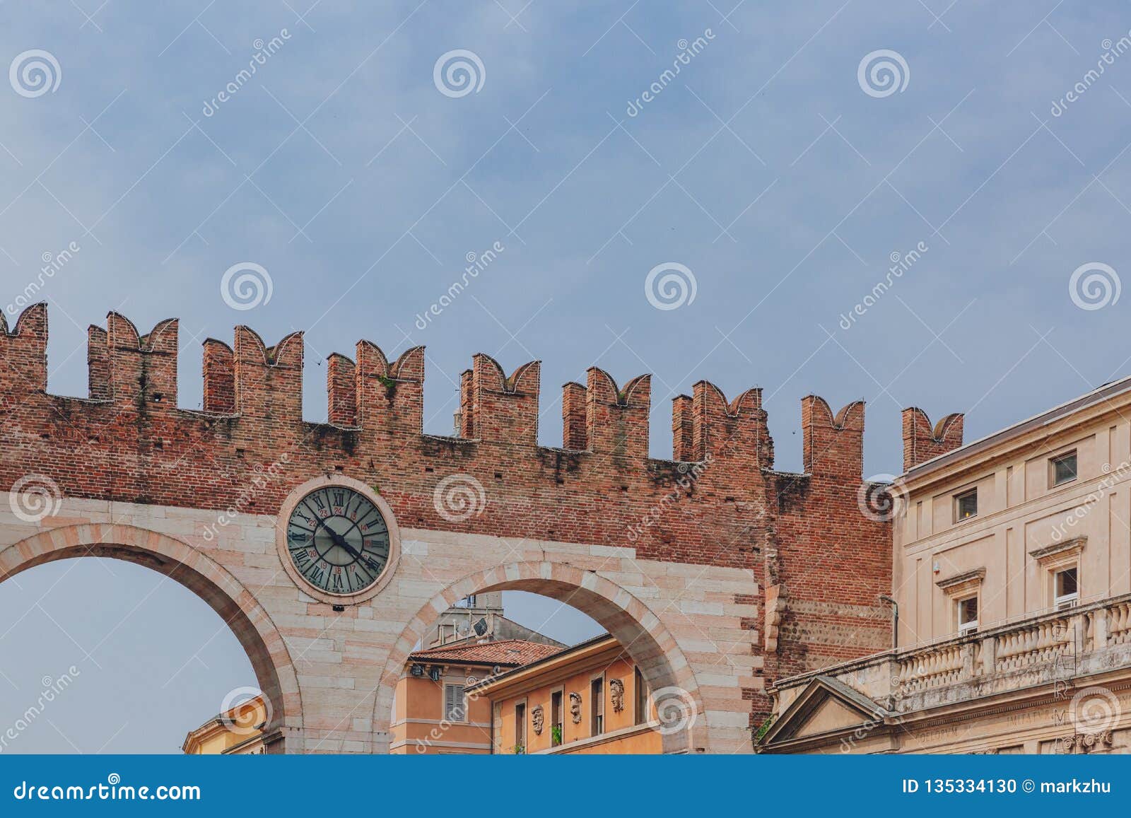 Ancient City Gate with Clock of Verona, Italy Stock Photo - Image of ...