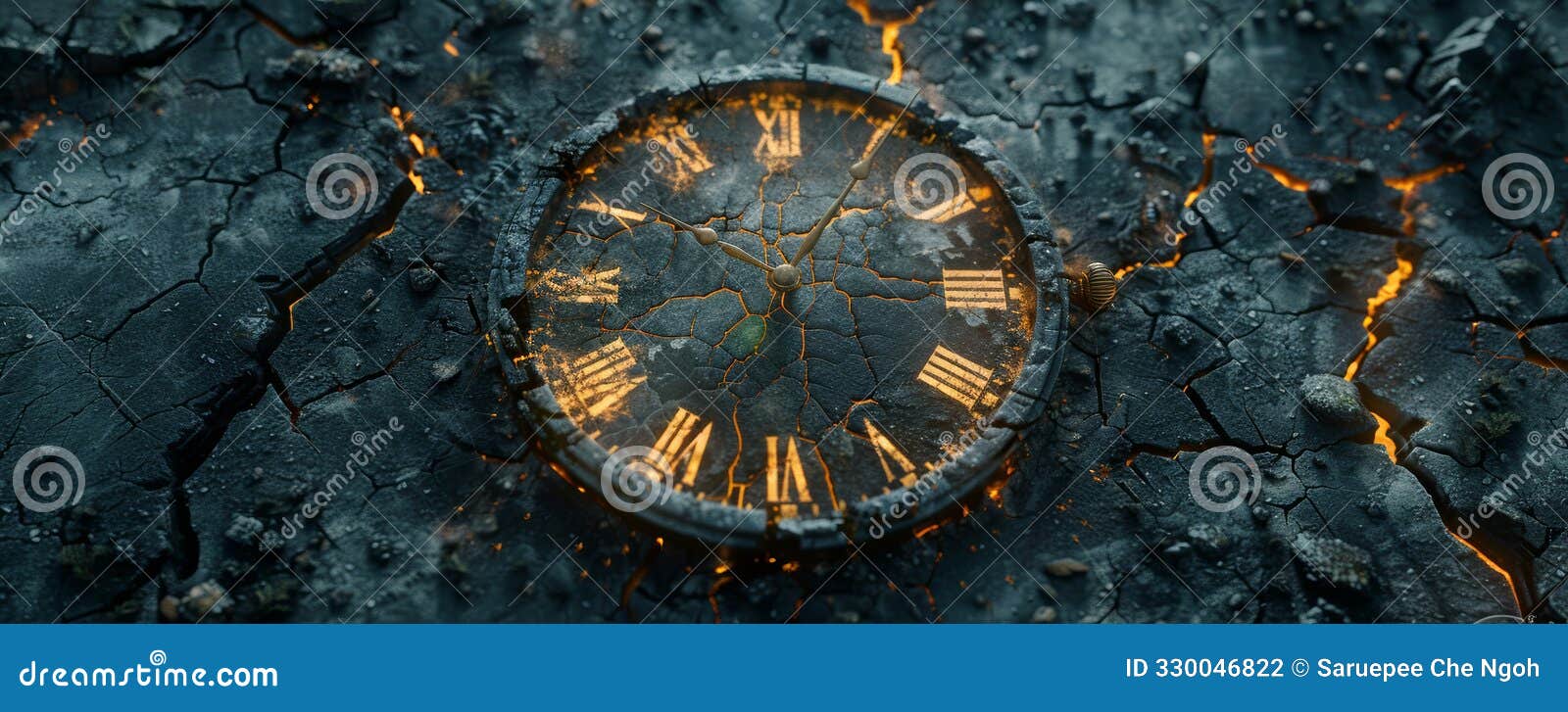 Ancient Clock Face Embedded in Cracked Earth with Glowing Lava Cracks ...