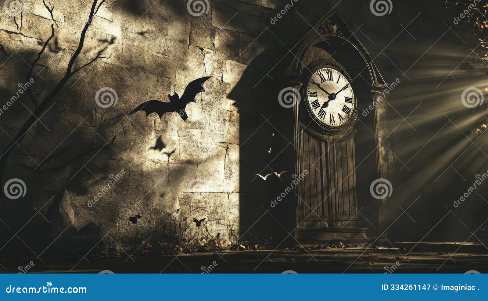 Ancient Clock on Stone Wall with Bat Shadows and Sun Rays Stock ...
