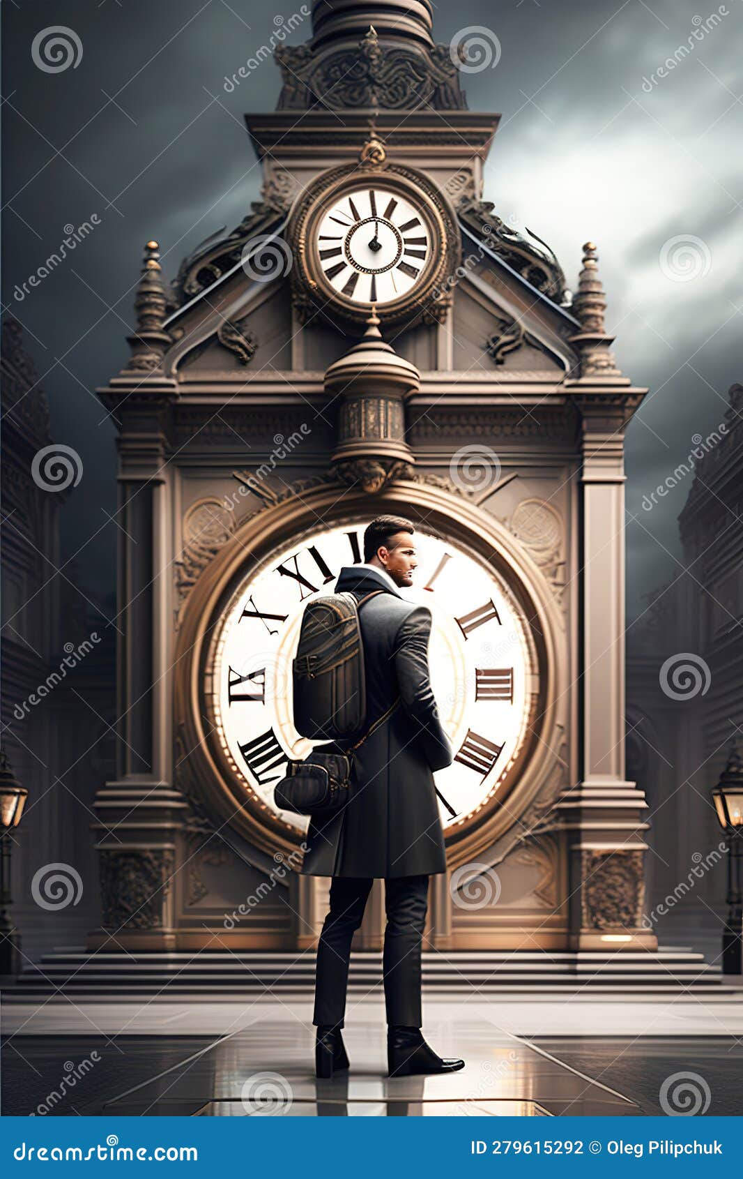 An Ancient Clock Tower with Man Standing in the Middle , Ai Stock ...