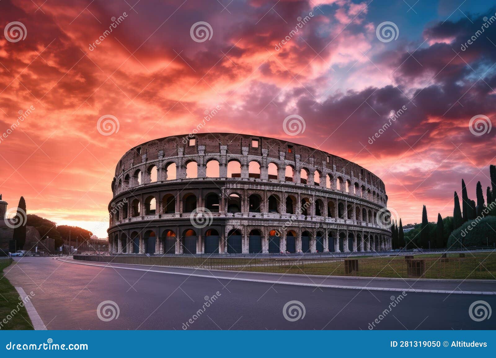 Ancient Colosseum in Rome with Dramatic Sunset Sky Stock Illustration ...