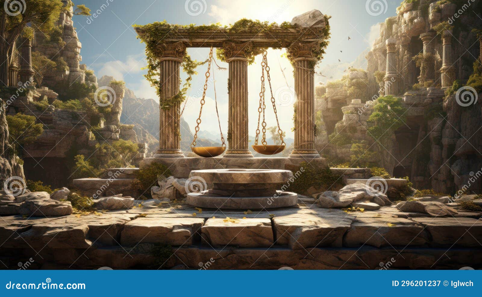 Ancient Columns and a Balanced Scale in a Rocky, Forested Landscape ...