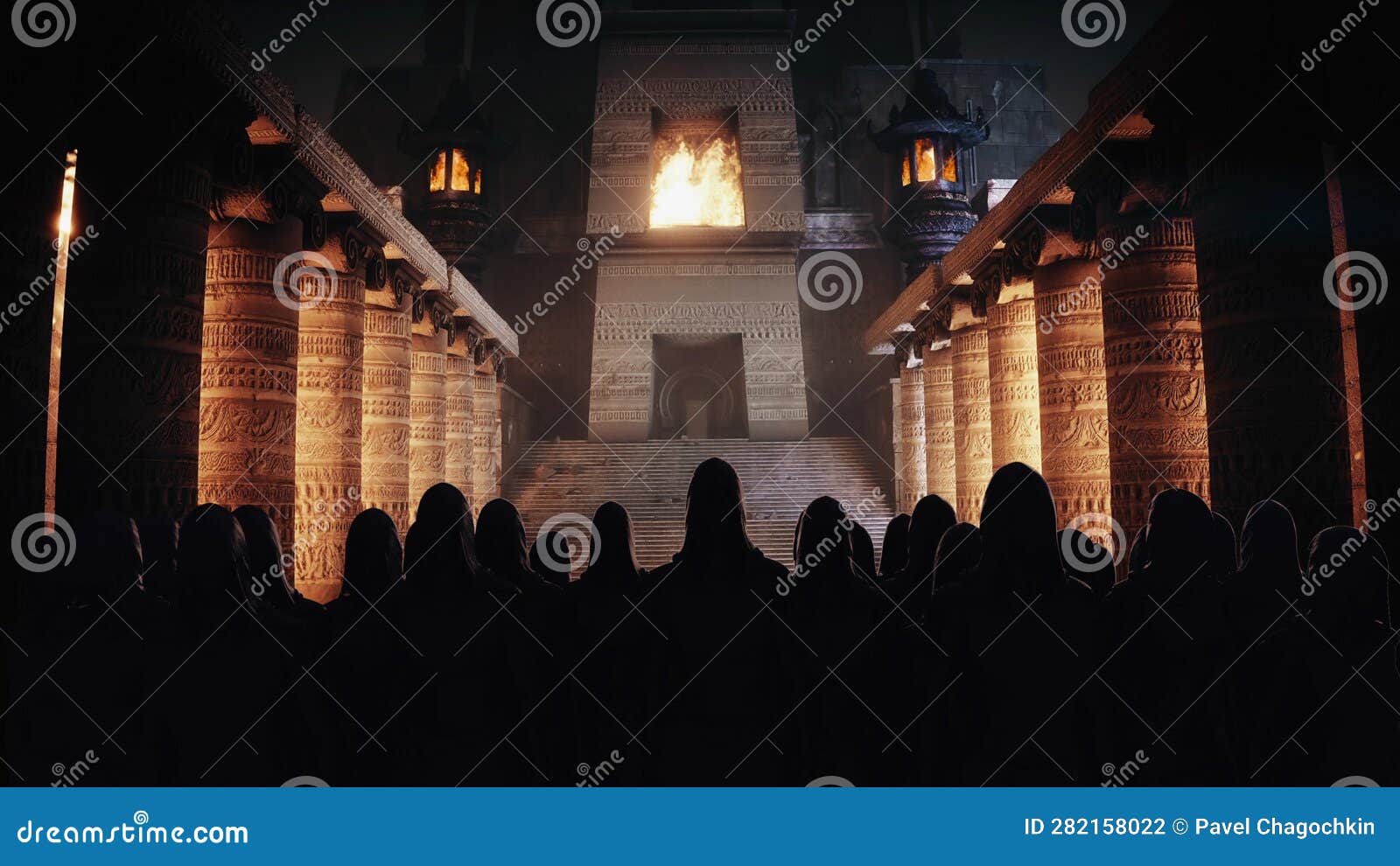 Ancient Columns and Fantasy Building with Scary Crowds. 3d Rendering ...