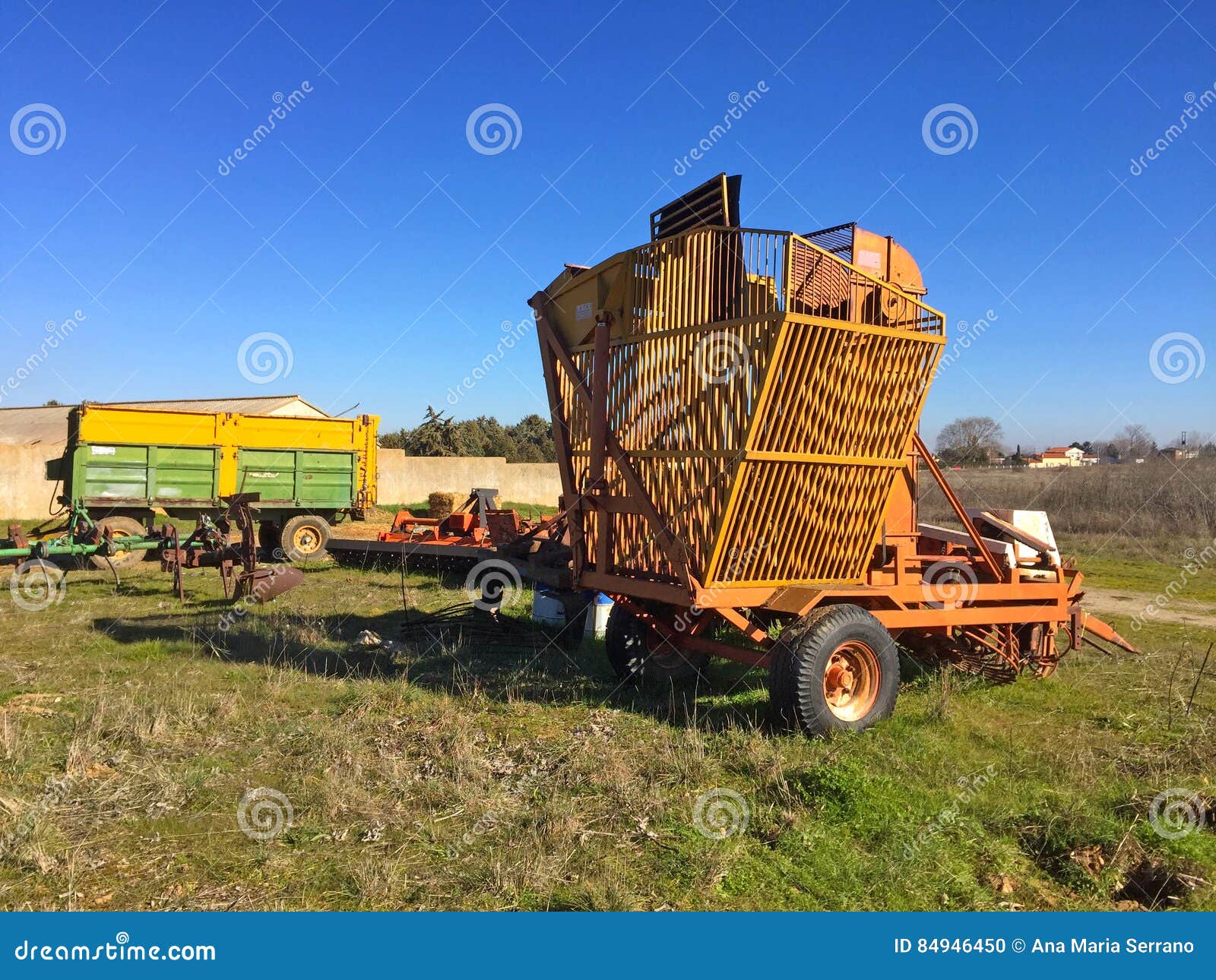 Ancient Combine Harvester and Tractor Trailer Stock Photo - Image of ...