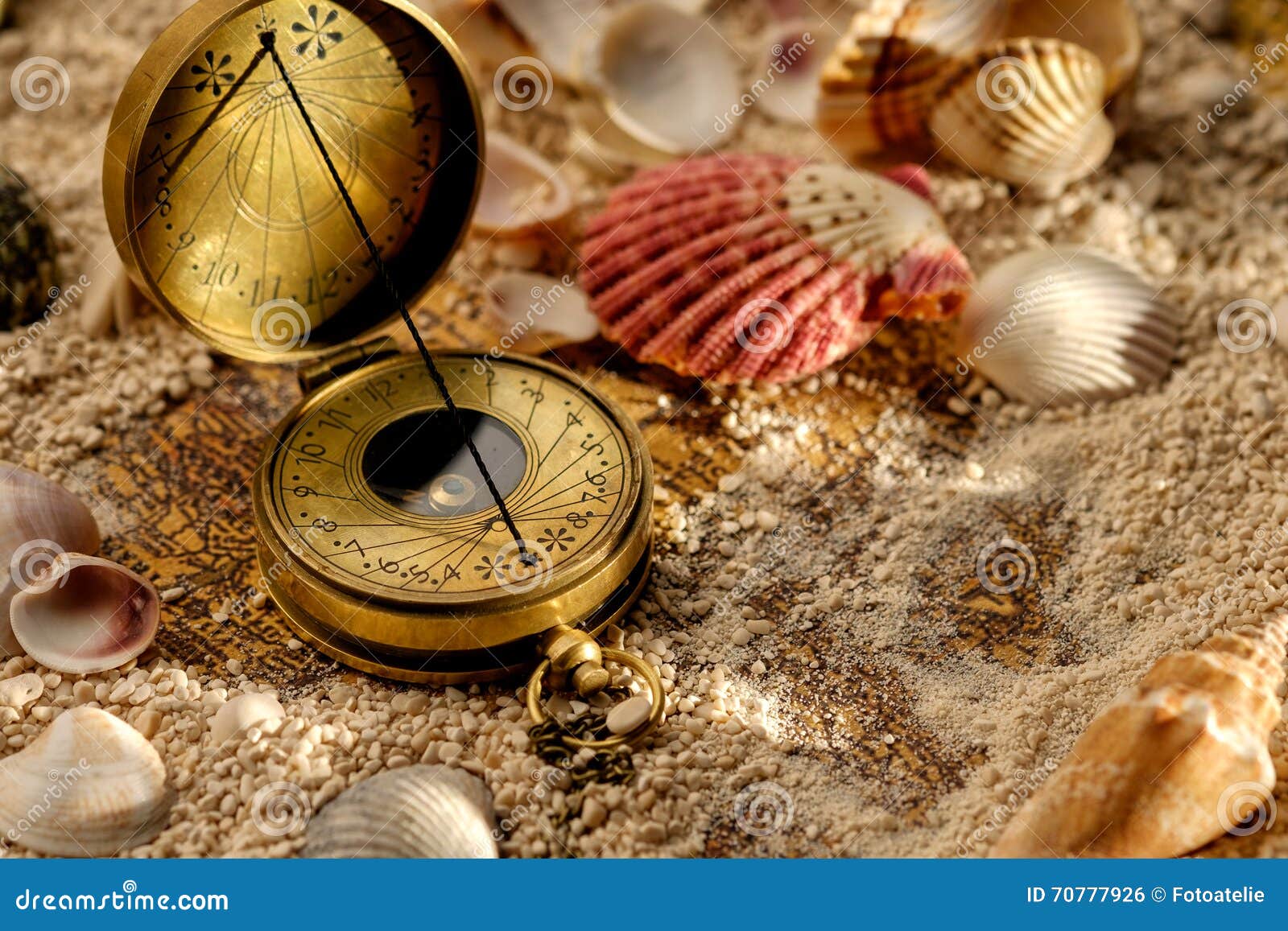 Ancient Compass on the Sand with Seashells Stock Photo - Image of ...