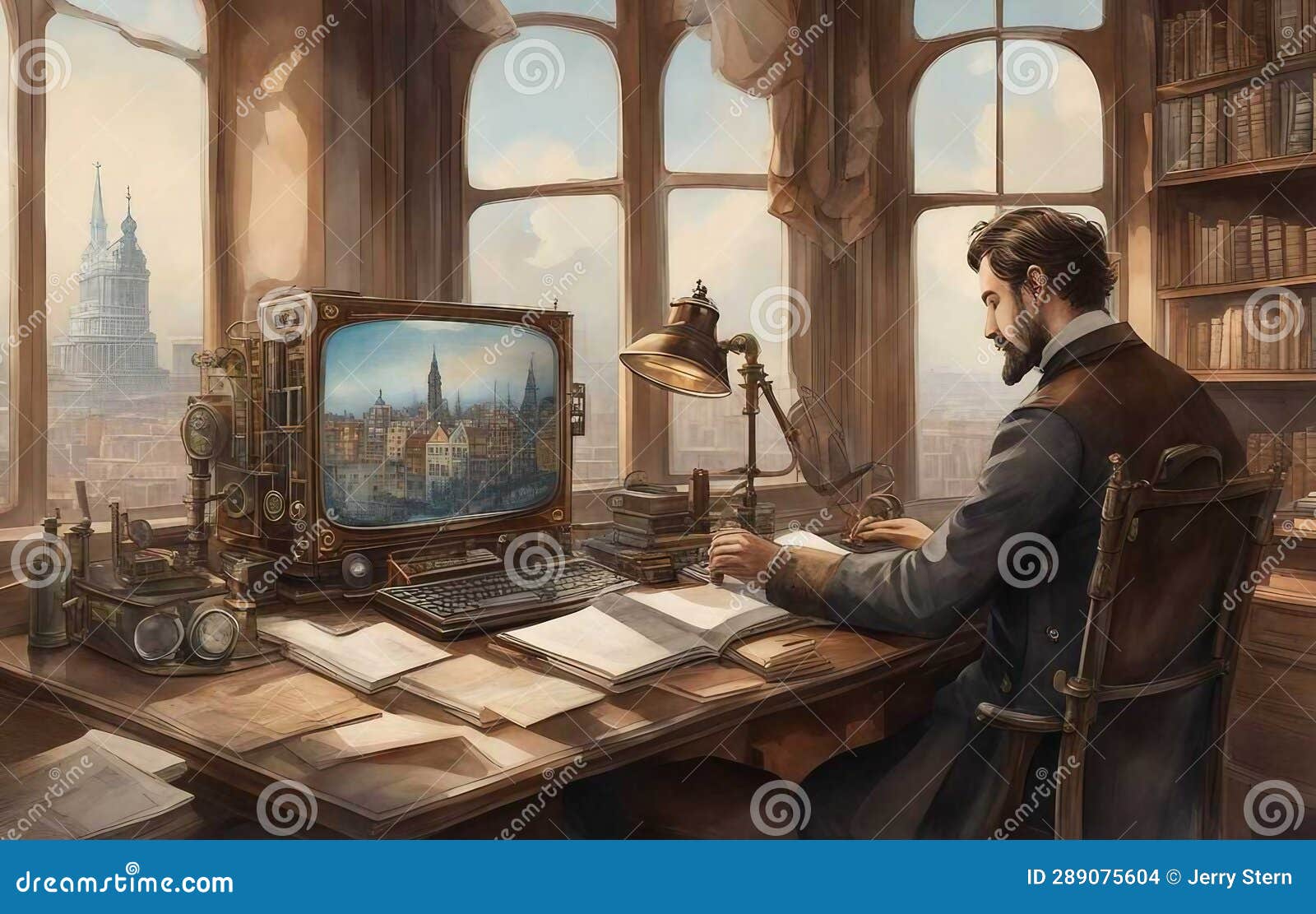 Ancient Computer in Old Office Stock Illustration - Illustration of ...