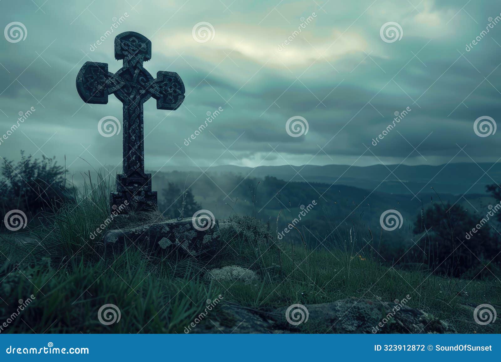 Ancient Cross on the Hill with Dark Clouds in the Grey Sky. Gothic ...