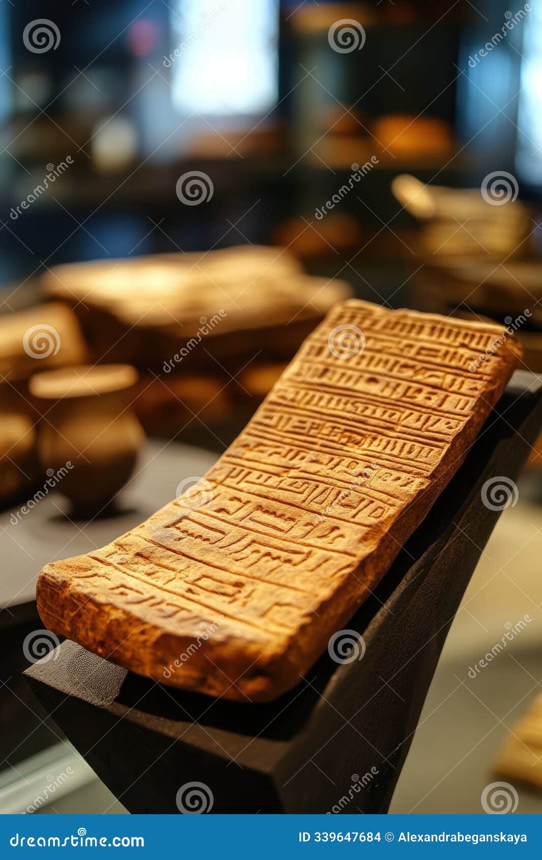 Ancient Cuneiform Tablets Display on Wooden Table Stock Illustration ...