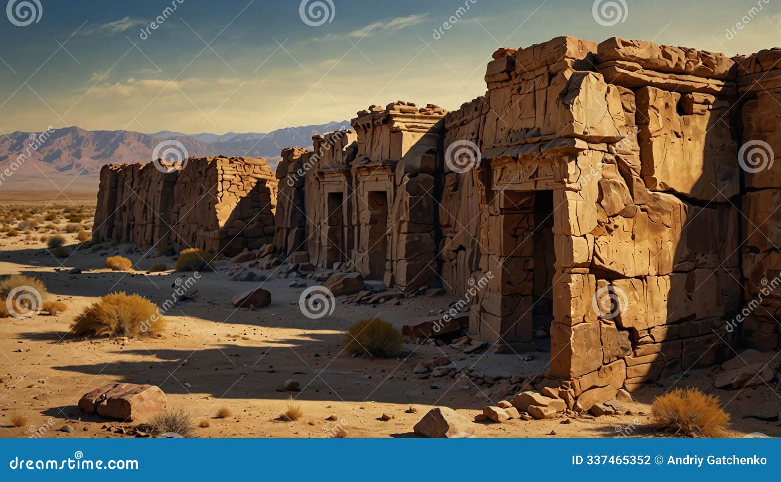 Ancient Desert Ruins with Crumbling Stone Walls and Mountains in the ...