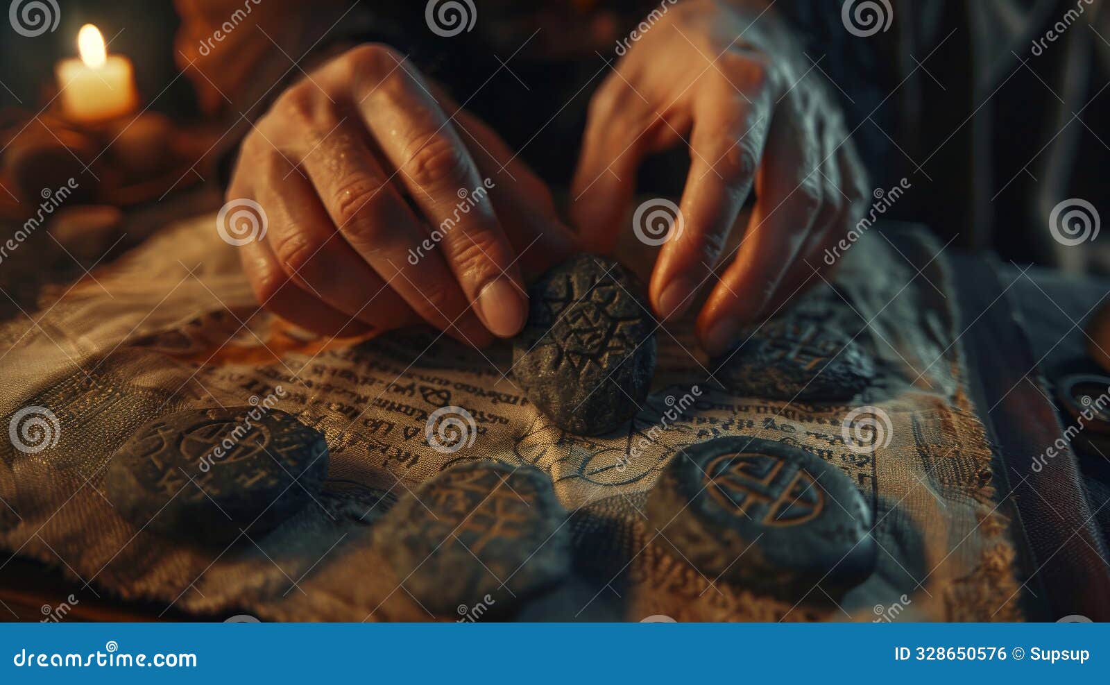 Ancient Divination Practice Using Runestone Set, Closeup of Hands ...