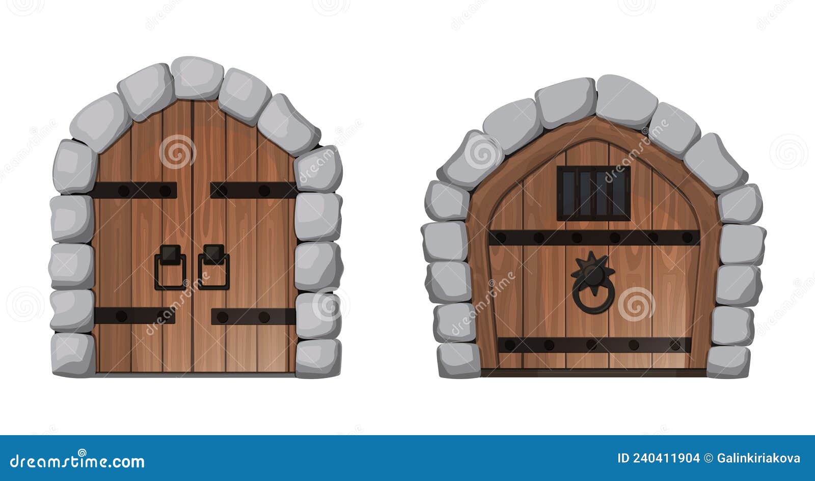 Ancient Doors With Stone Frame. Vector Cartoon Style. Doors Isolated On ...