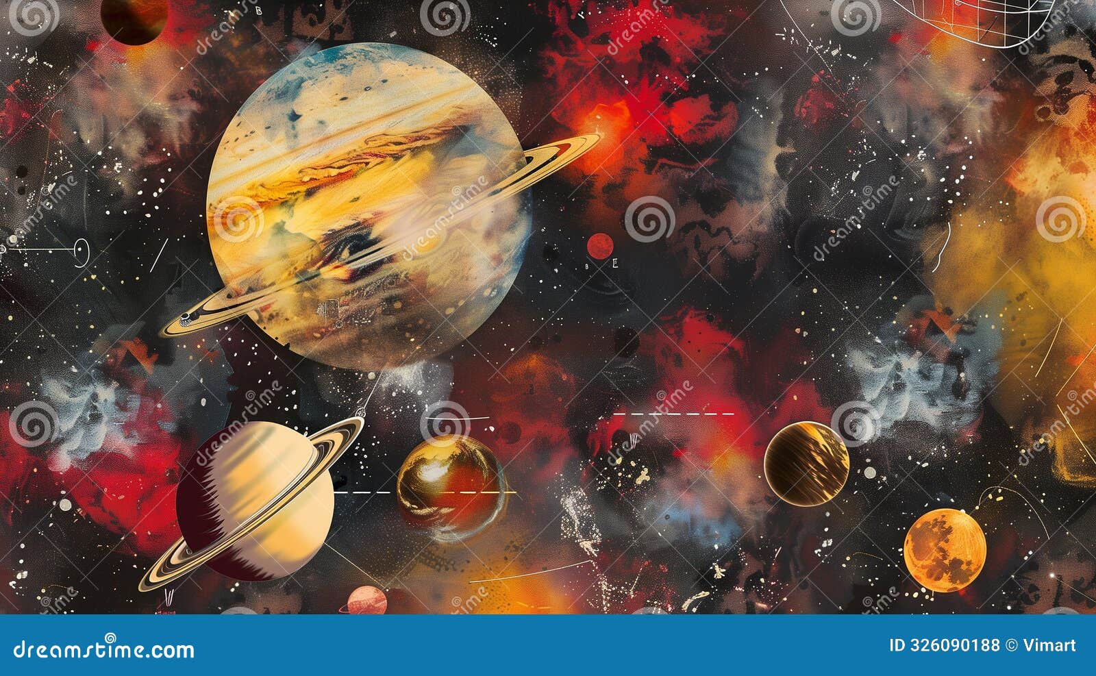 Ancient Drawing of Planets and Stars Against a Dark Sky Stock Photo ...