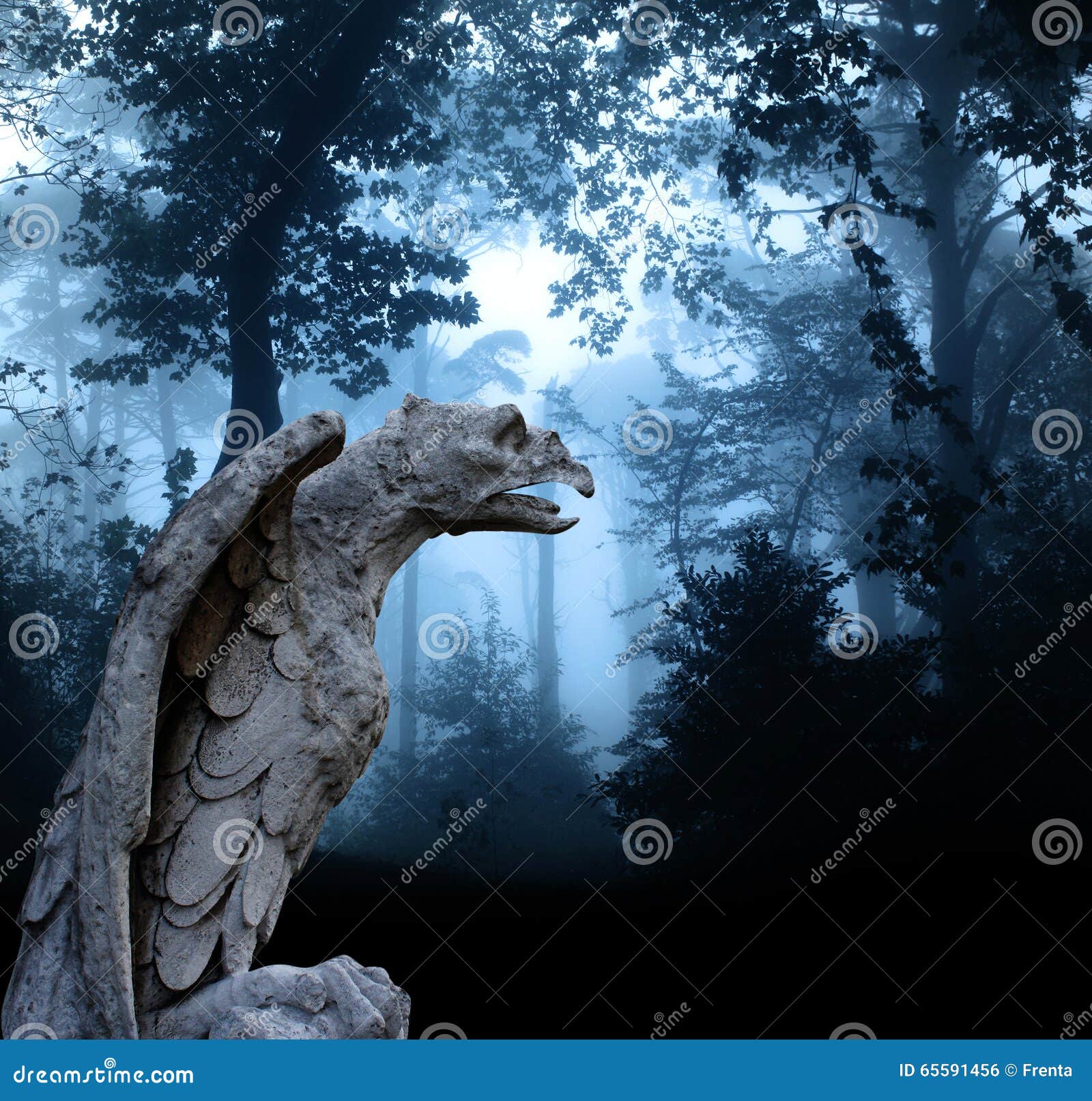 Ancient Eagle Statue in Misty Forest Stock Photo - Image of misty, blue ...