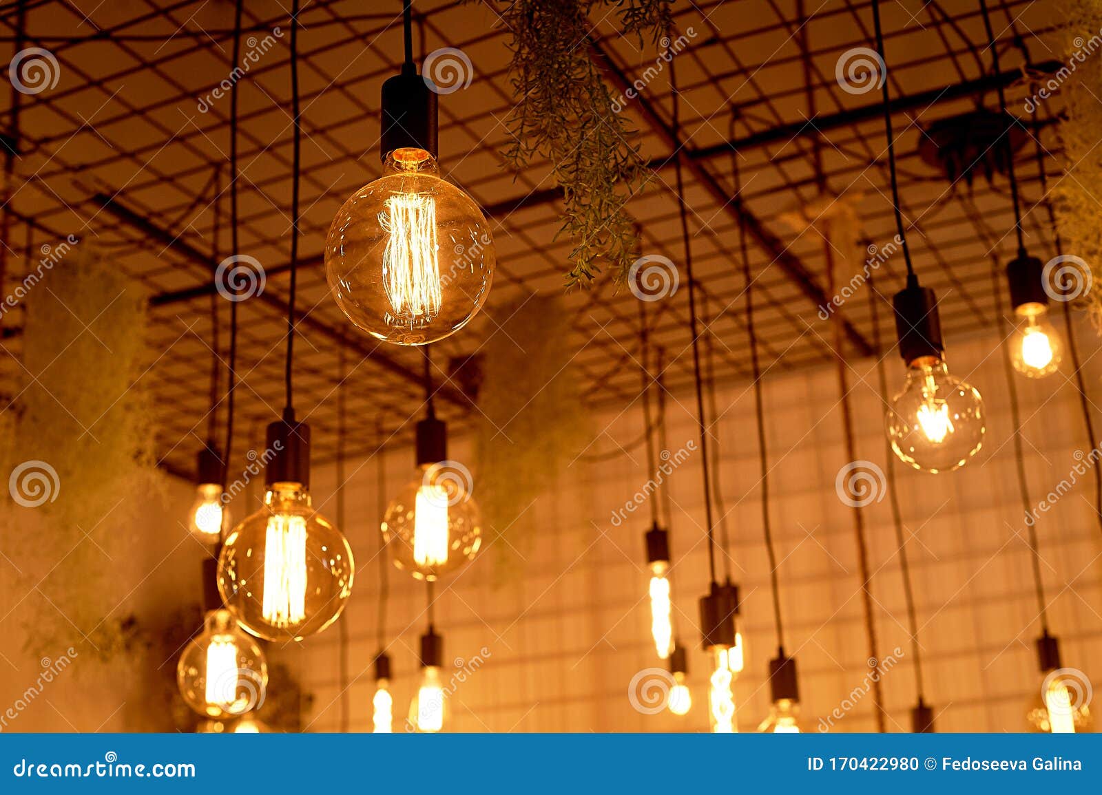 Ancient Edison Lamps on Black Wires.Warm Light in the Design of the ...