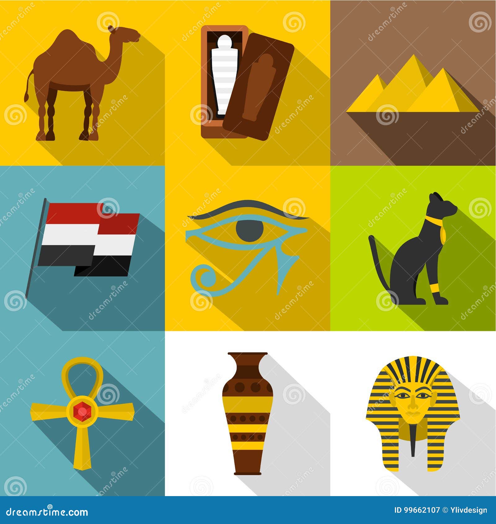 Ancient Egypt Icon Set, Flat Style Stock Vector - Illustration of flag ...
