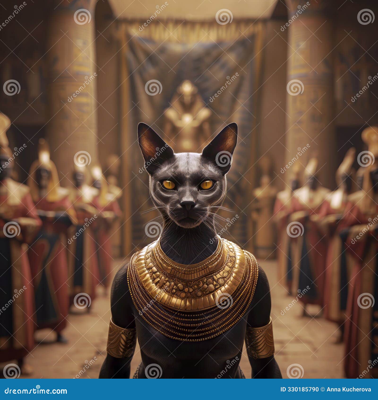 Ancient Egyptian Cat Goddess Bastet Standing in a Temple Surrounded by ...