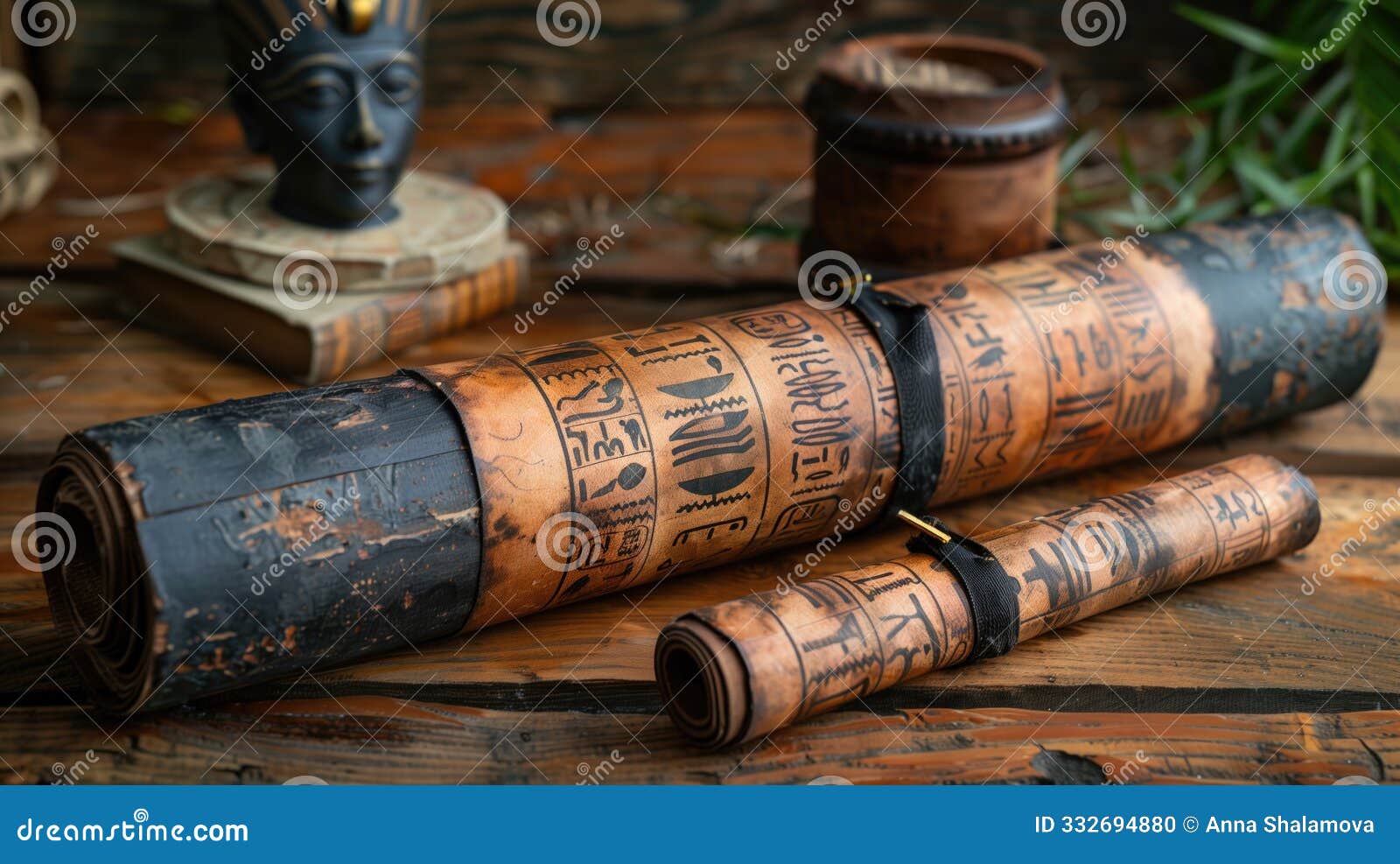 Ancient Egyptian Papyrus Scrolls with Hieroglyphs on Wooden Table with ...