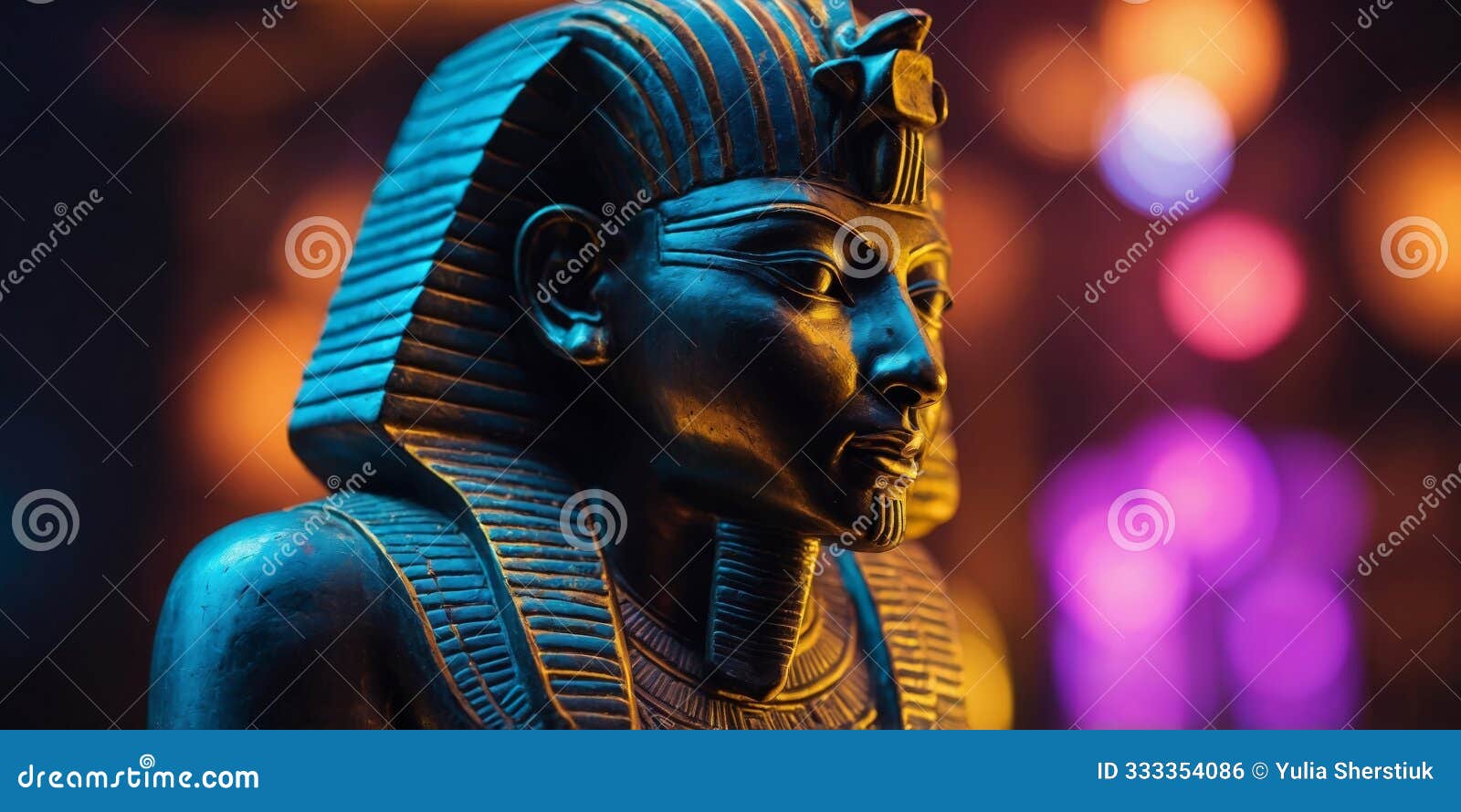 Ancient Egyptian Pharaoh Statue Illuminated by Neon Lights for Creative ...