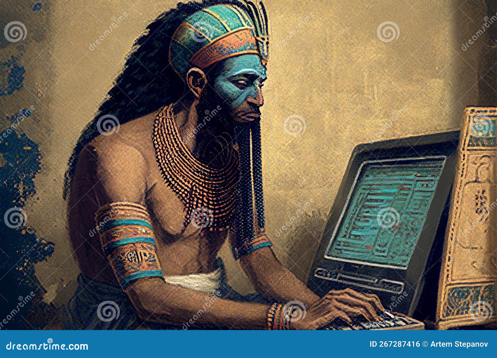 Ancient Egyptian Programmer, Prehistoric Programming, Pharaoh Working on Stone Computer ...