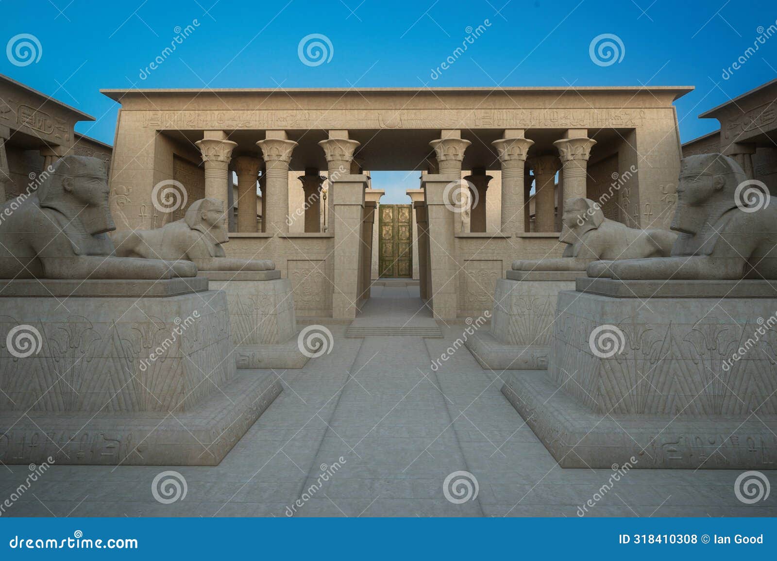 Ancient Egyptian Temple With Stone Sphynx Statues In The Courtyard. 3D ...