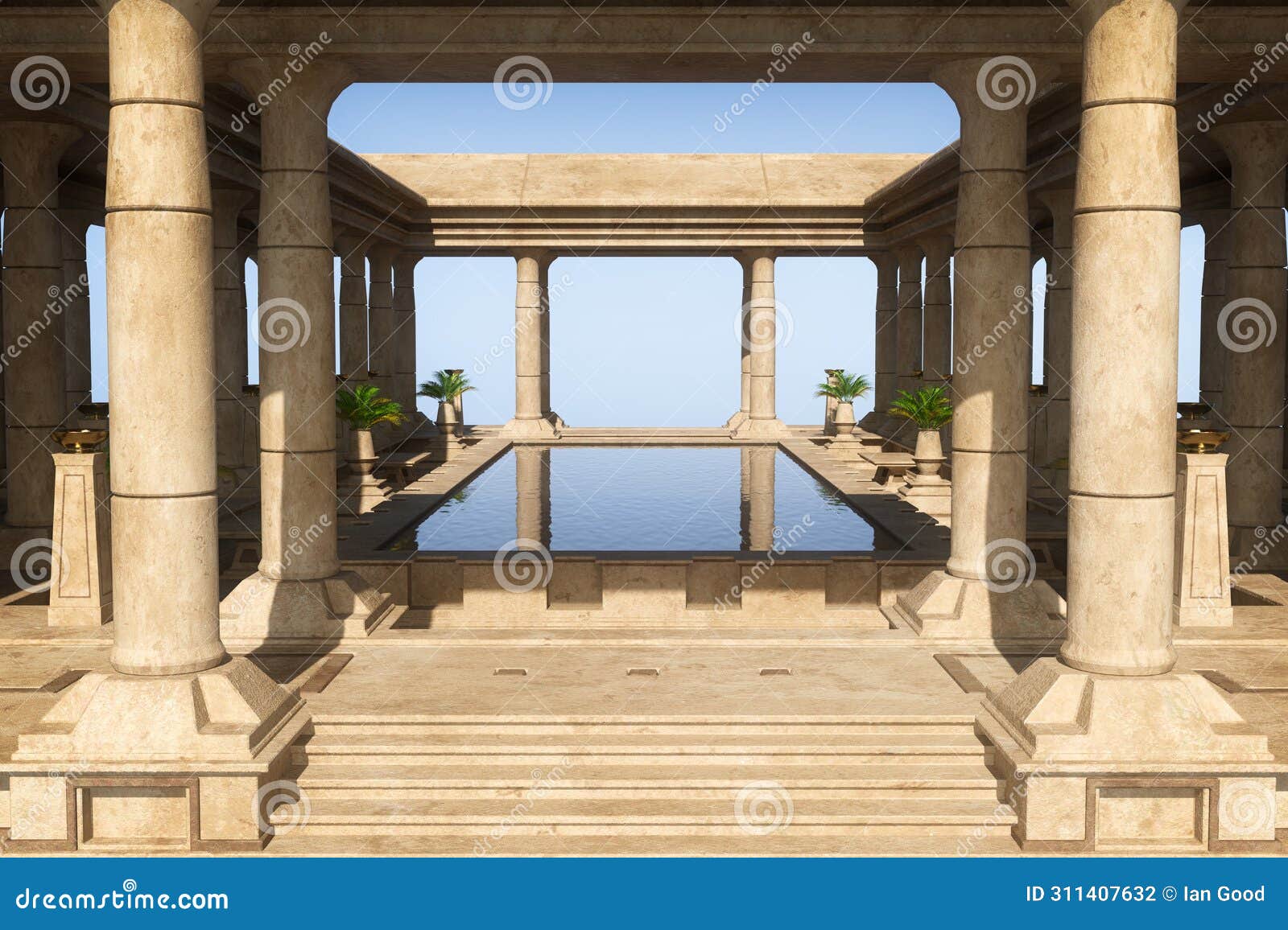 Ancient Egyptian Terrace and Pool, Surrounded by Stone Columns, with ...