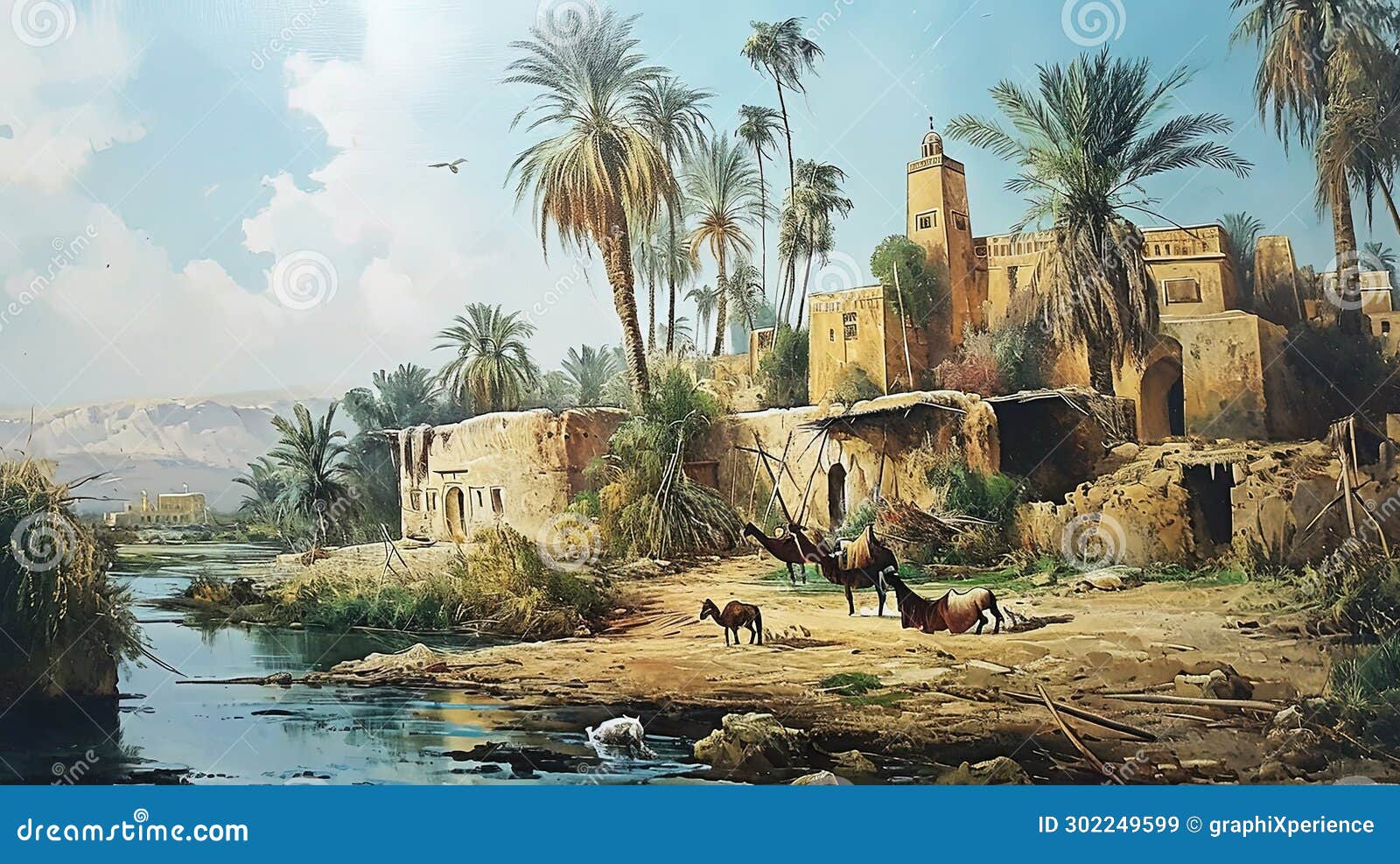 Ancient Egyptian Village Landscape Stock Illustration - Illustration of ...