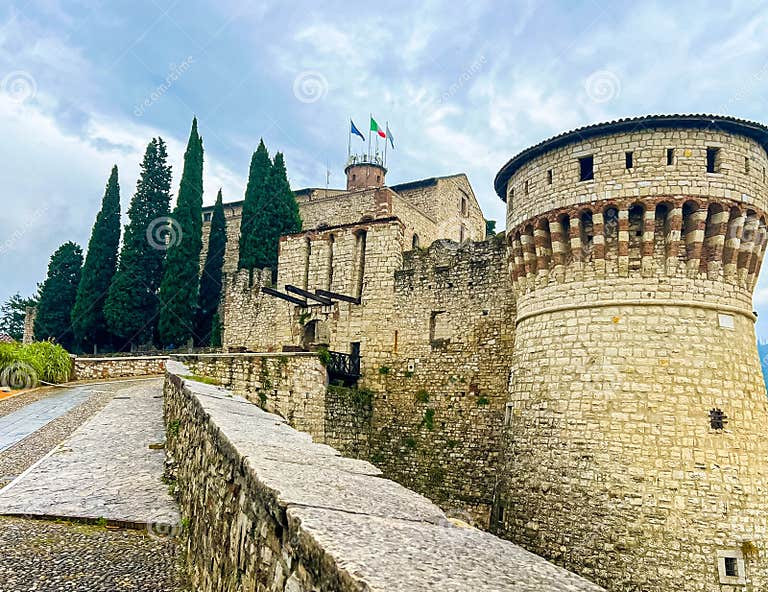 Ancient European Castle with Round Tower and Walkway Along the Top of ...