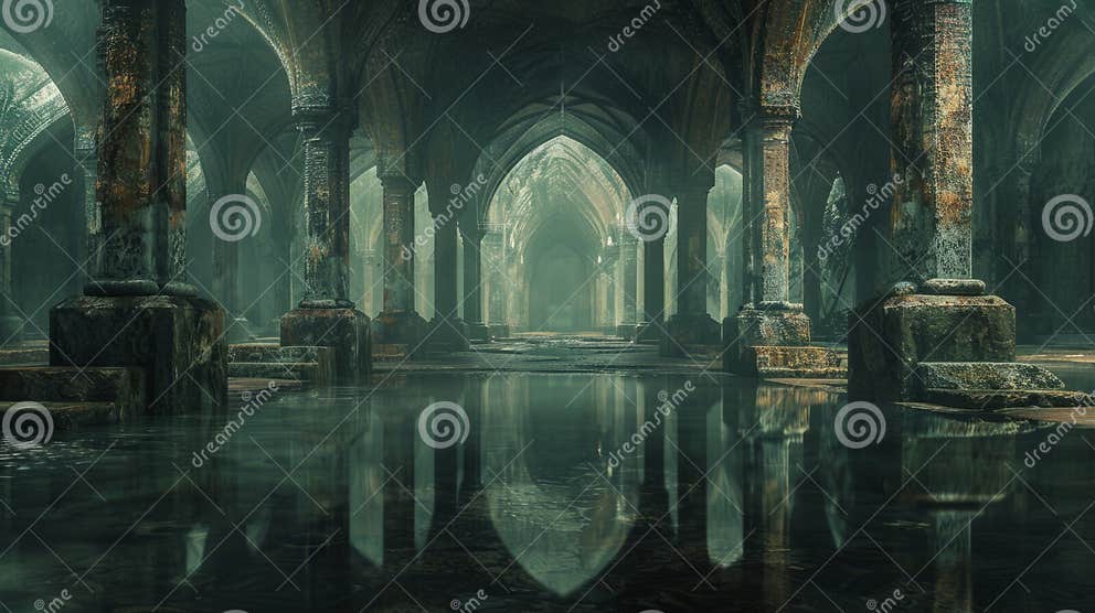 An Evocative Image Displaying an Ancient Flooded Crypt or Temple ...