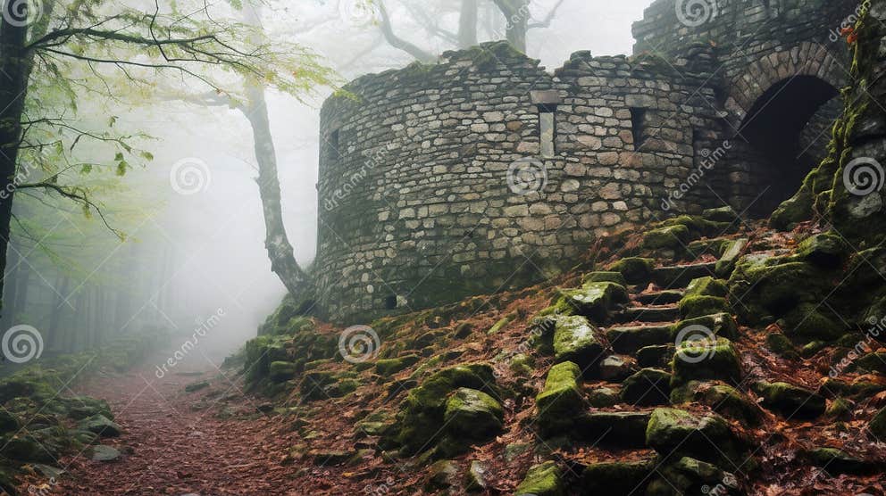 Ancient Fortification Hidden in Misty Forest Stock Illustration ...