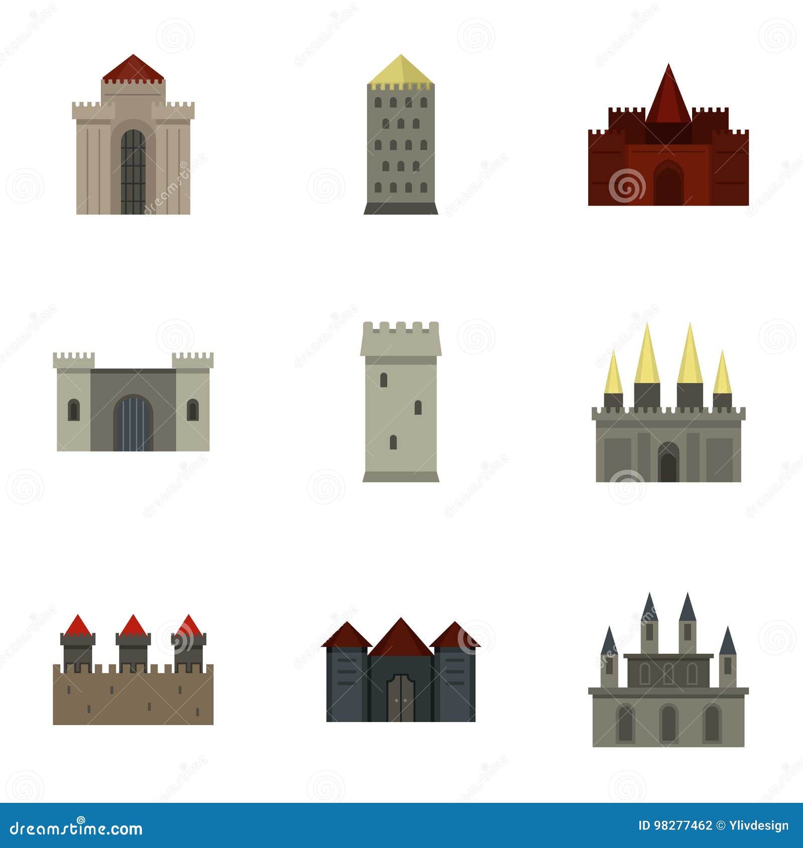 Ancient Fortresses Icon Set, Flat Style Stock Vector - Illustration of ...