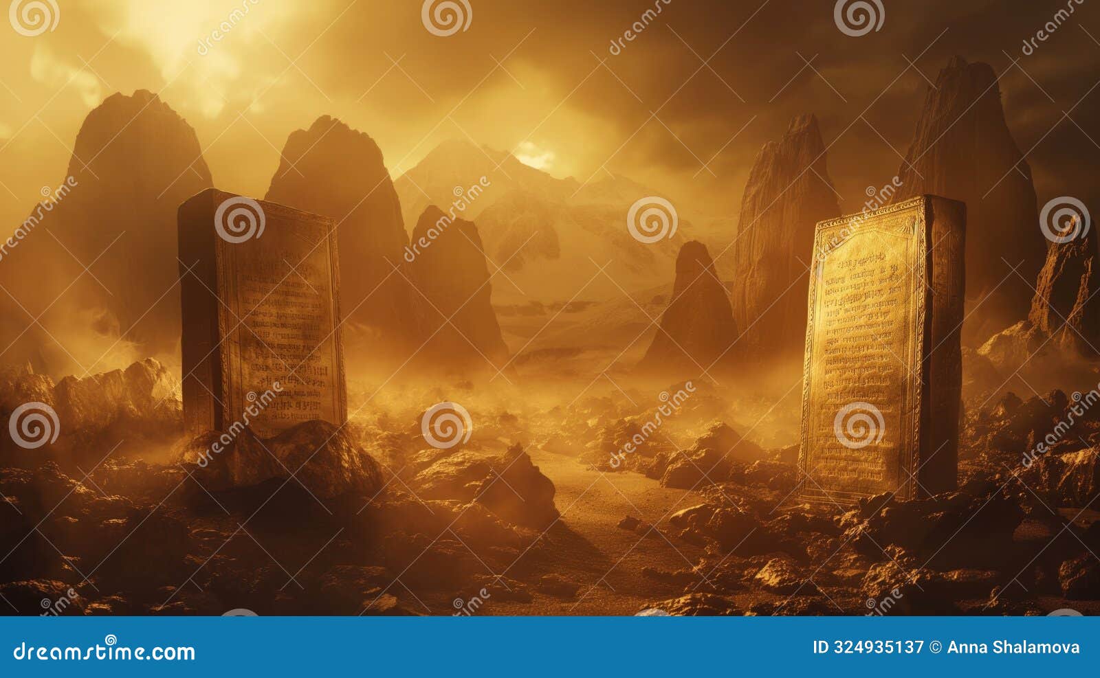 Ancient Glowing Stone Tablets in a Mystical Mountainous with Inscribed ...