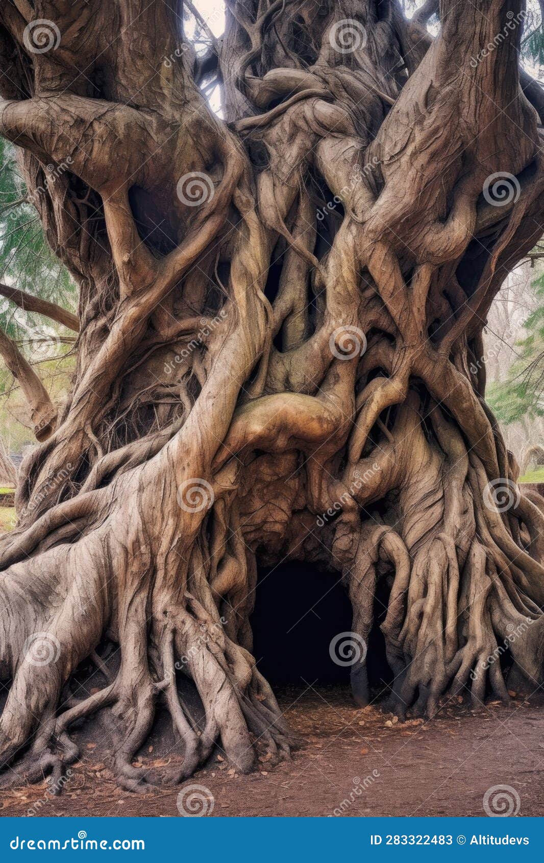 An Ancient, Gnarled Tree Trunk with Twisted Roots Stock Illustration ...