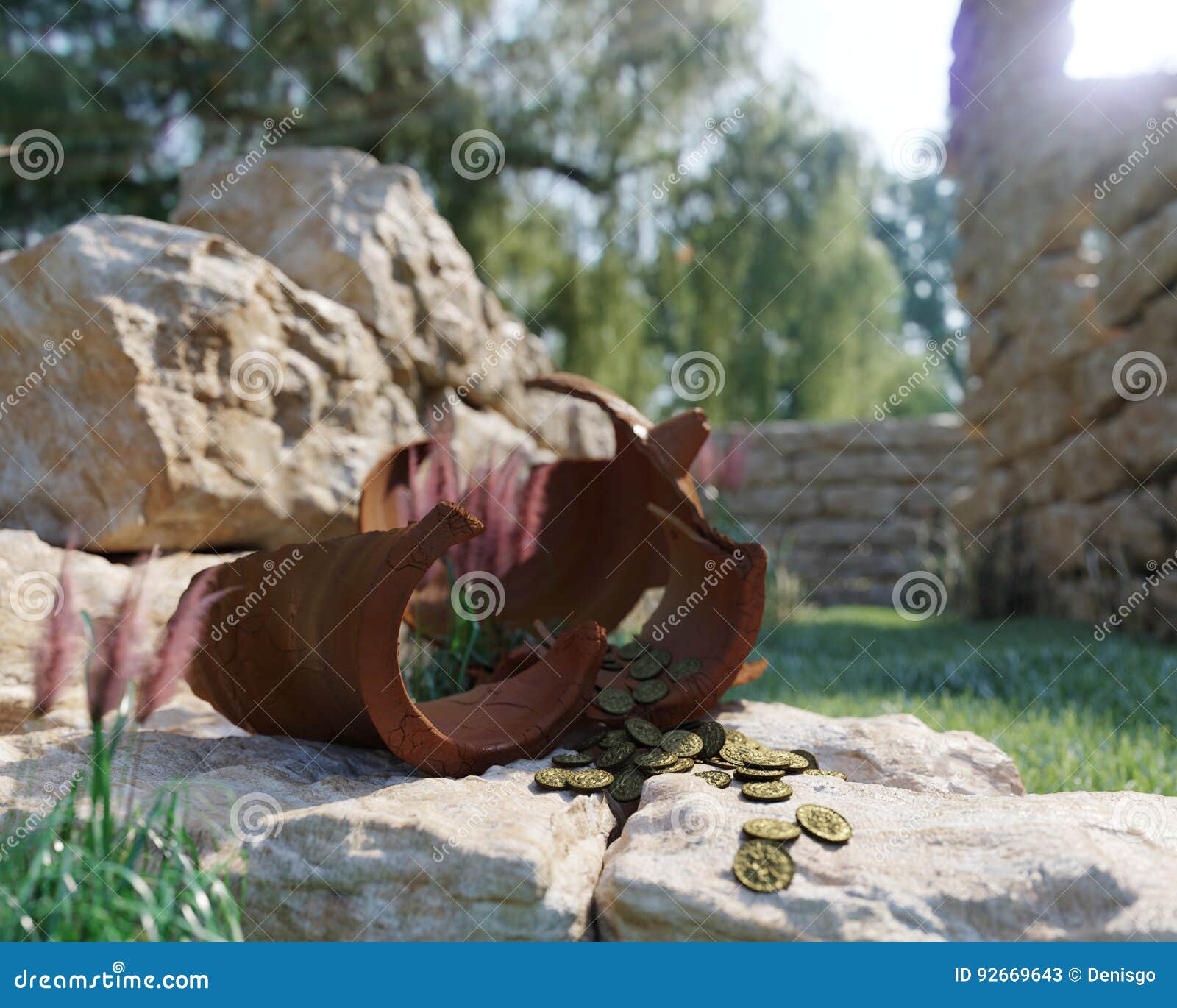 Ancient Gold Coins Treasure on Ancient Ruins Concept Background Stock ...