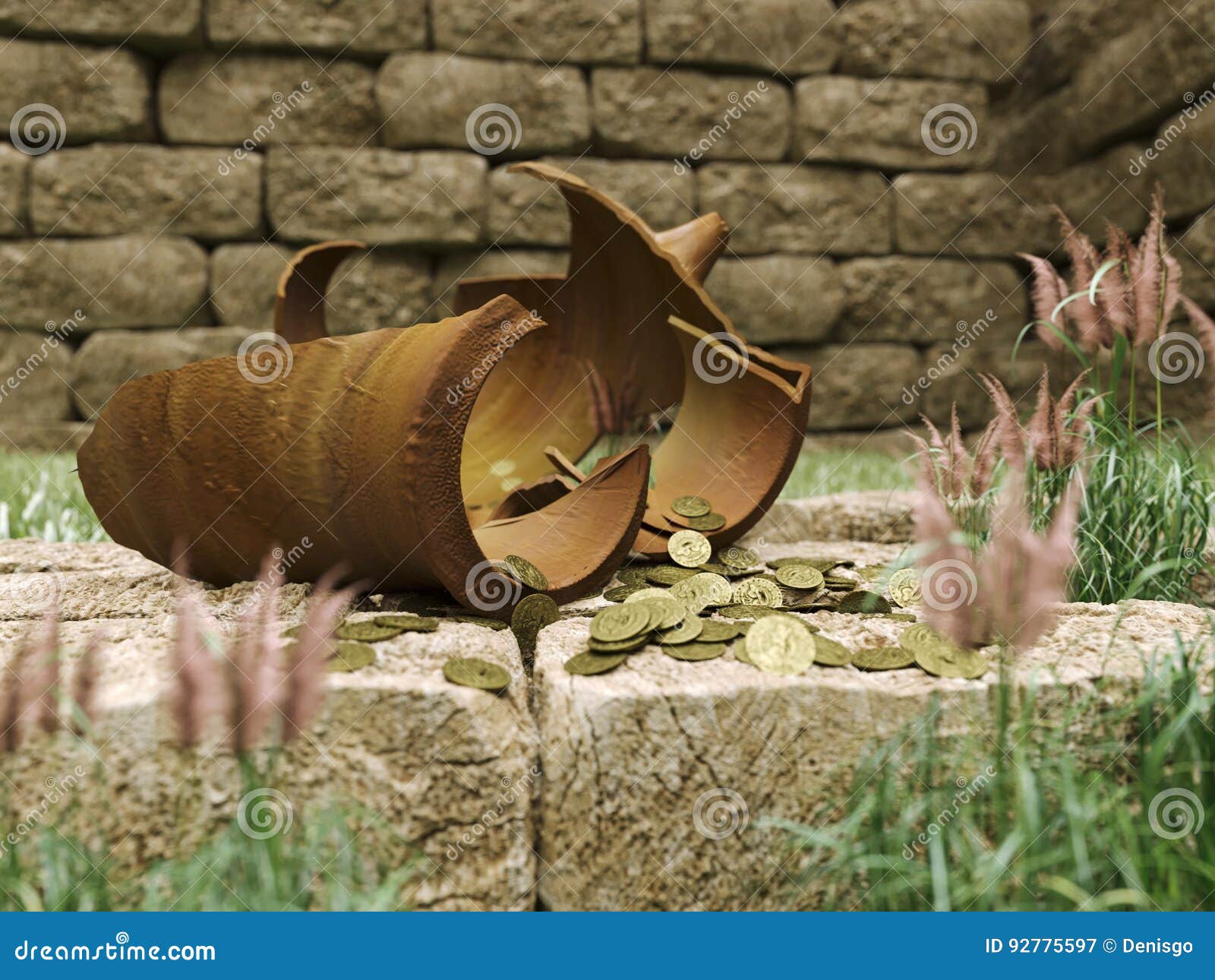 Ancient Gold Coins Treasure on Ancient Ruins Concept Background Stock ...