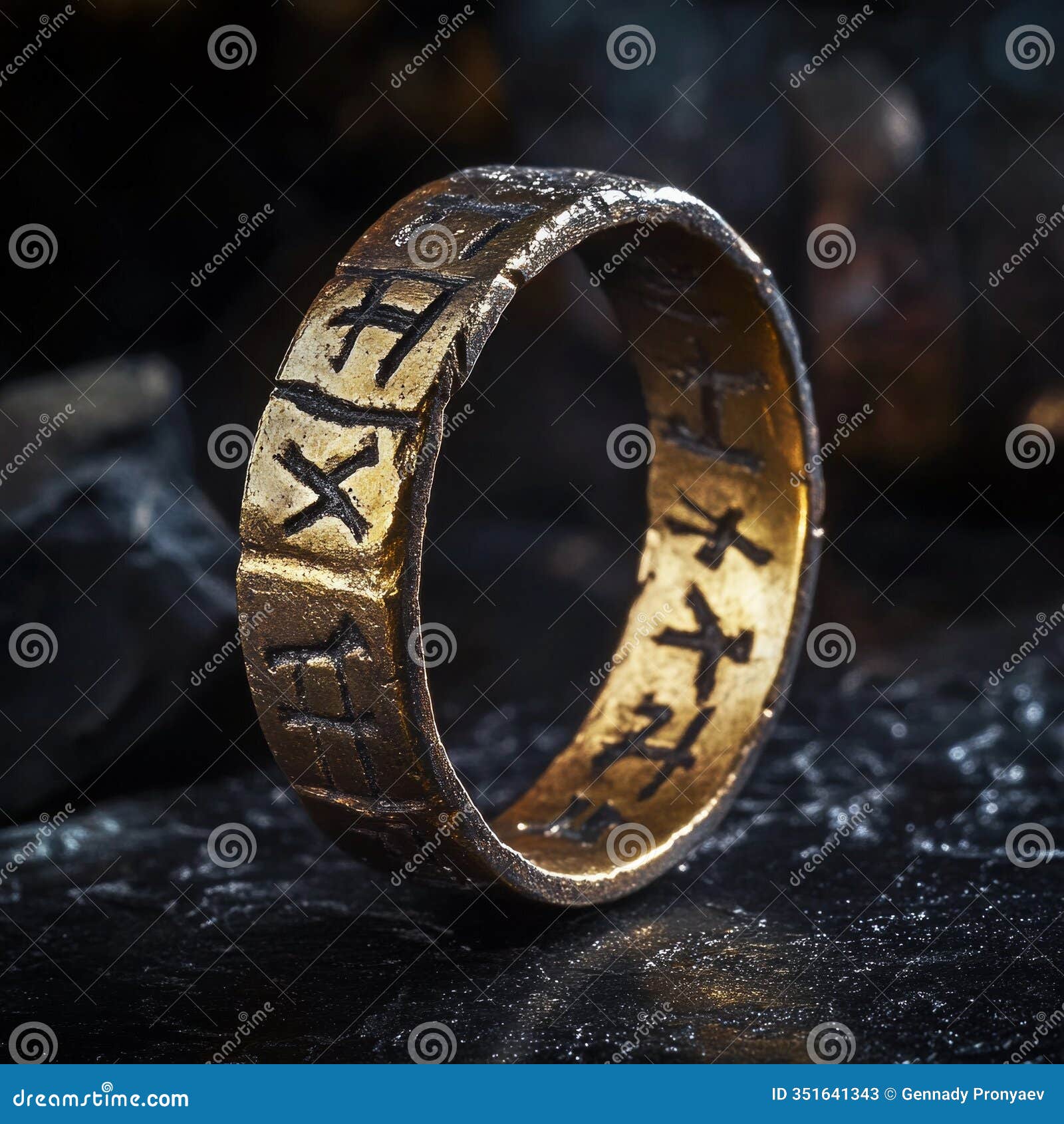Ancient Gold Ring with Rune Engravings on a Dark Stone Background Stock ...