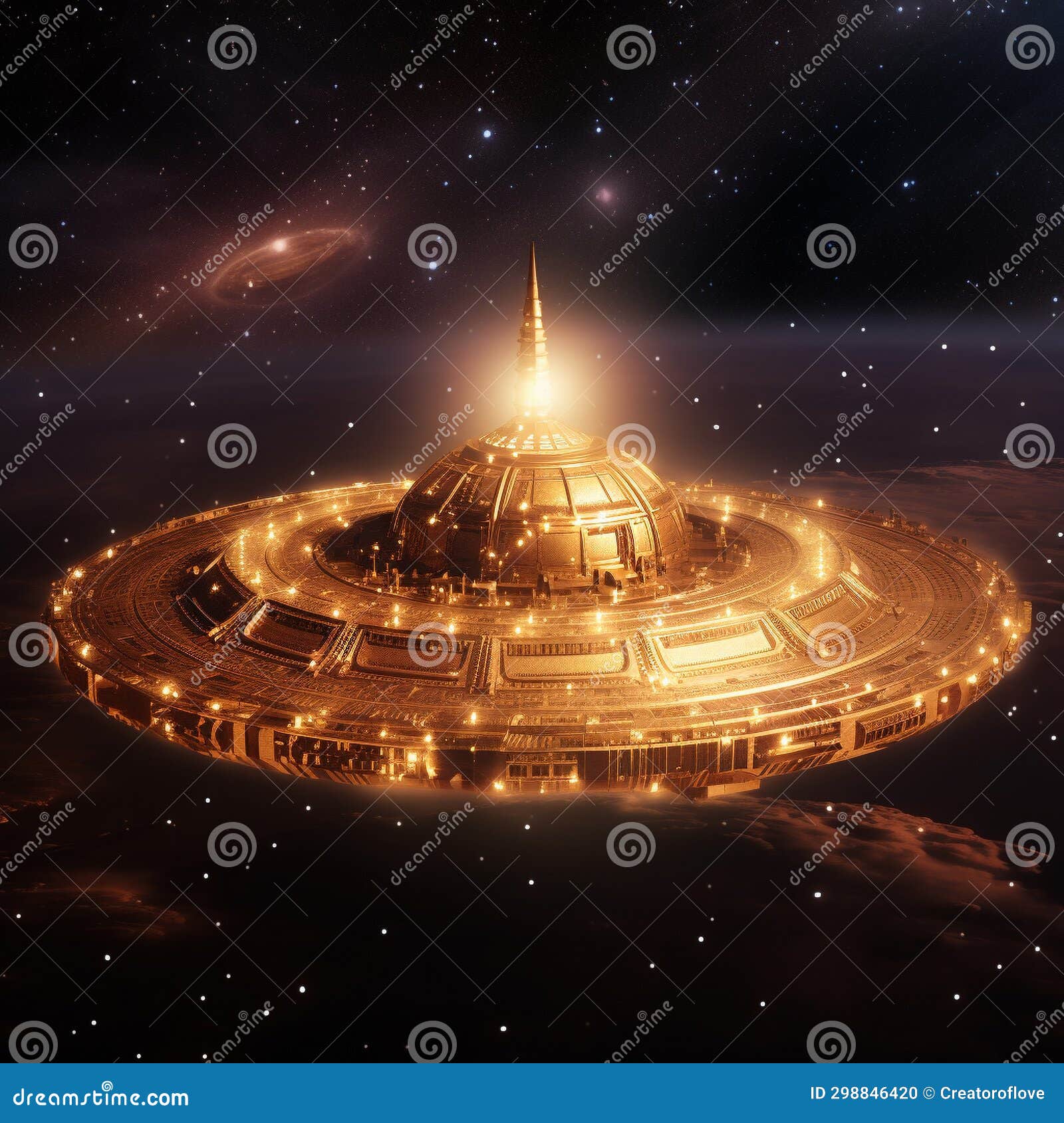 Ancient Golden Glowing Vedic Vimana in Outer Space Stock Illustration ...