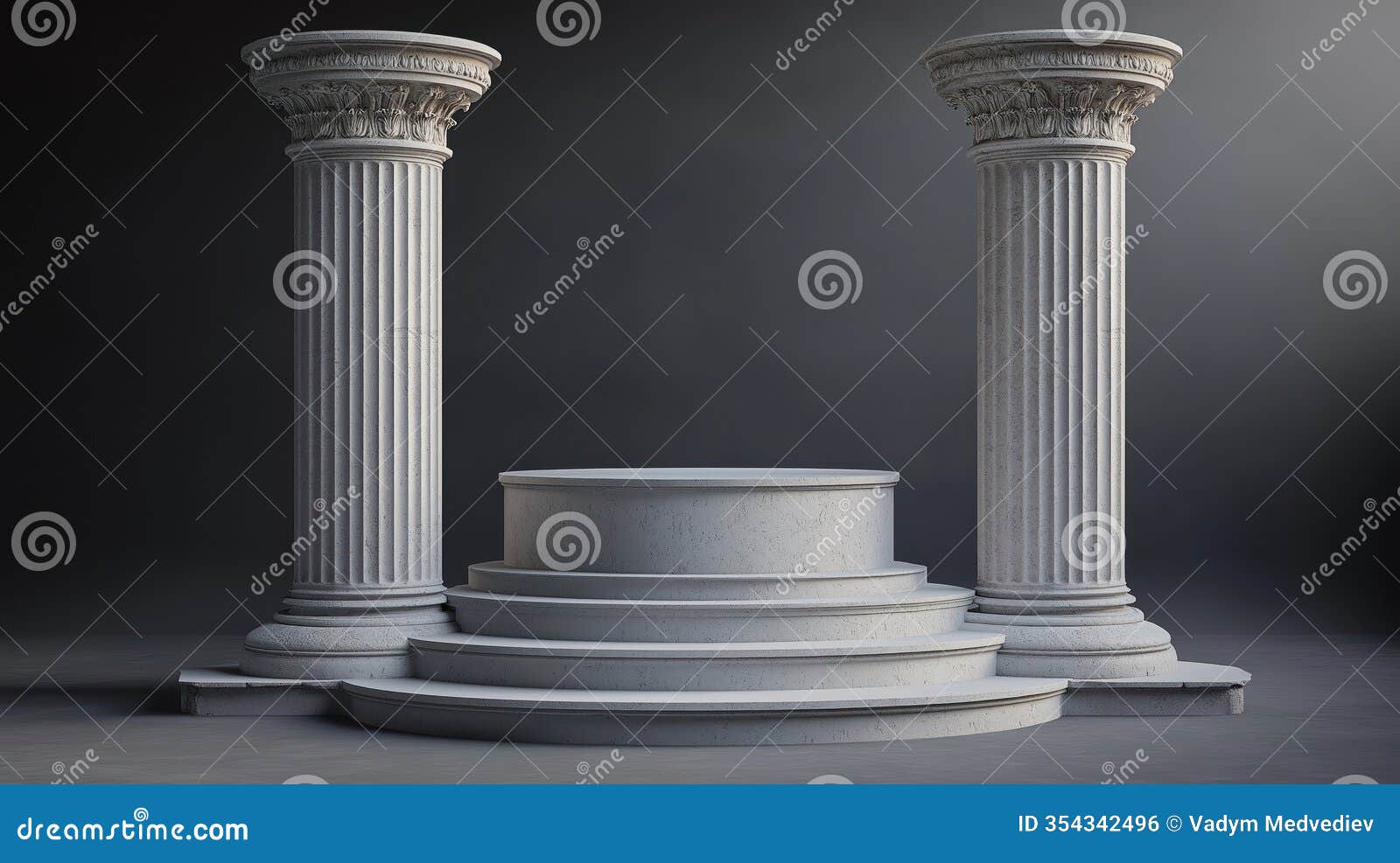 Ancient Greek Columns Frame Empty Round Pedestal on Dark Backdrop ...