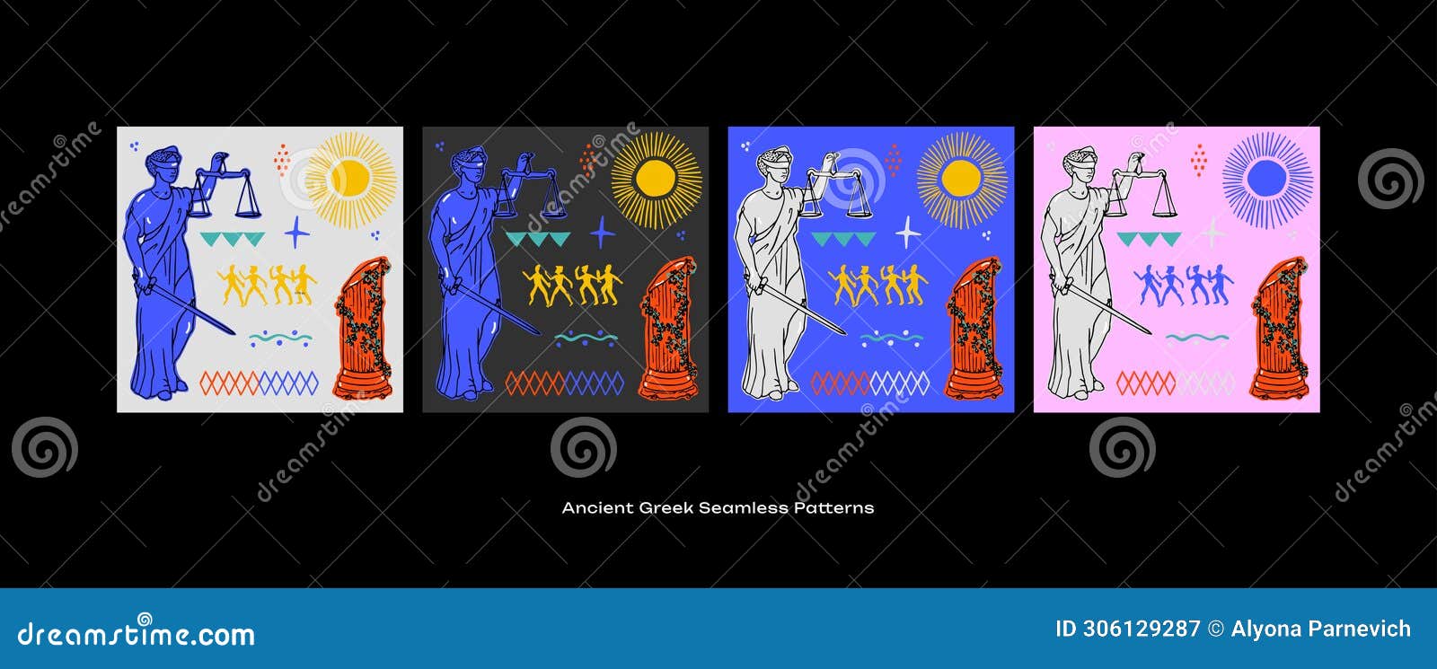 Ancient Greek Hand Drawn Seamless Pattern Set with Greek Goddess of ...