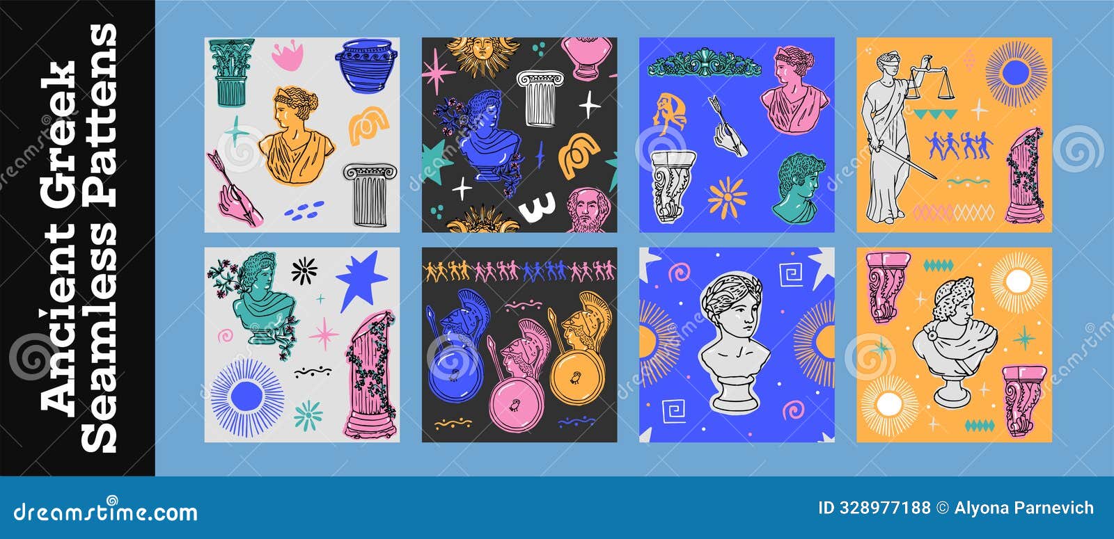 Ancient Greek Hand Drawn Seamless Pattern Set with Sculptures and ...