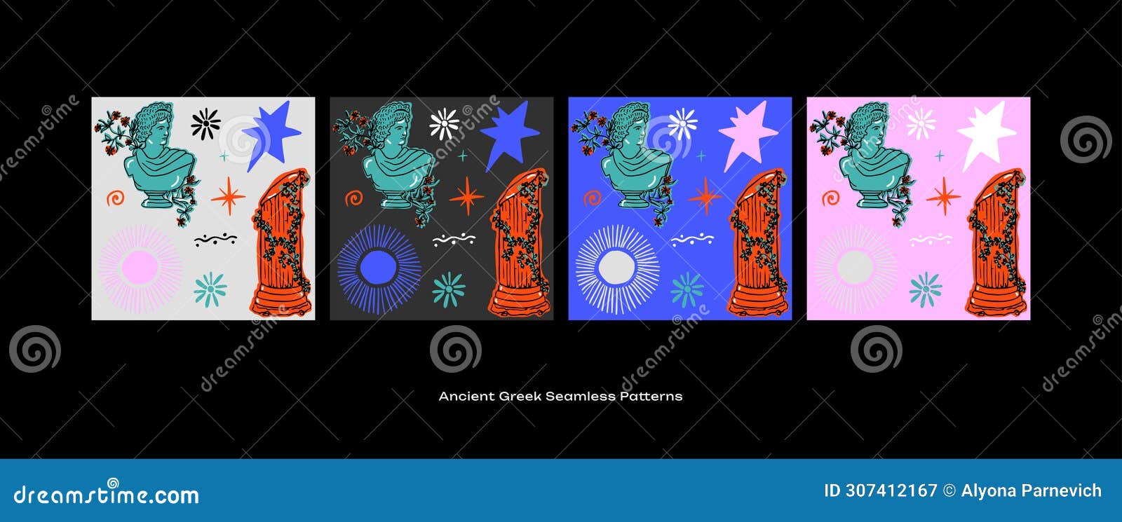 Ancient Greek Hand Drawn Seamless Pattern Set with Sculptures Stock ...