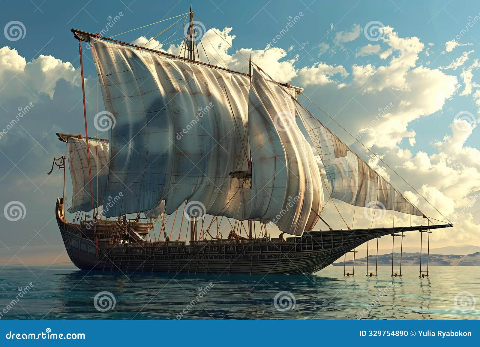 Ancient Greek Merchant Ship Sailing at Sunset with Full Sails Deployed ...
