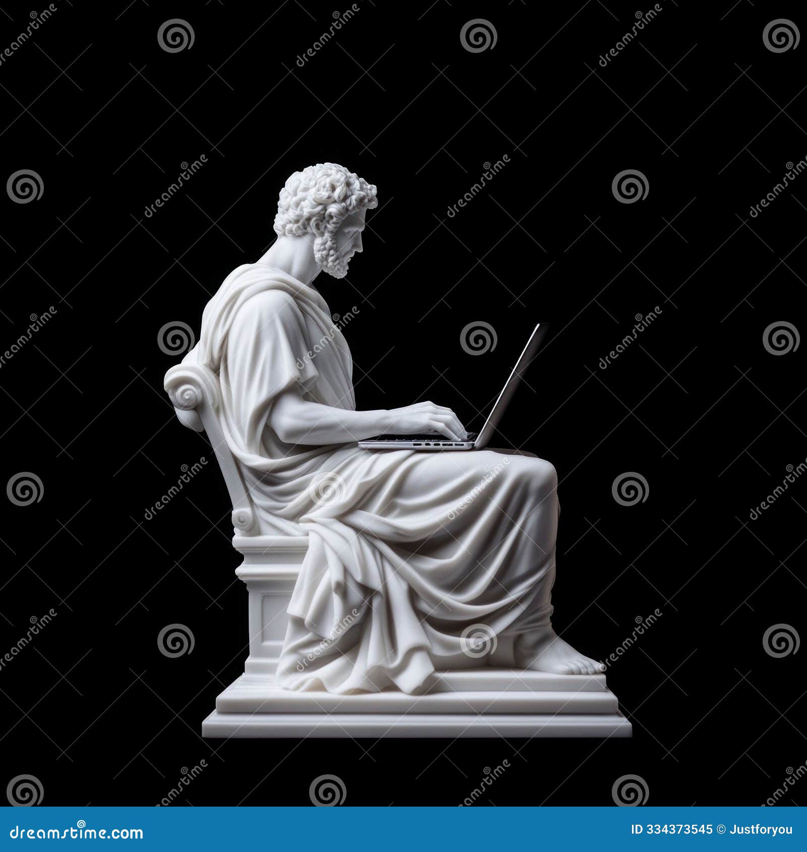 Ancient Greek Statue Using a Modern Laptop on Black Background Stock ...