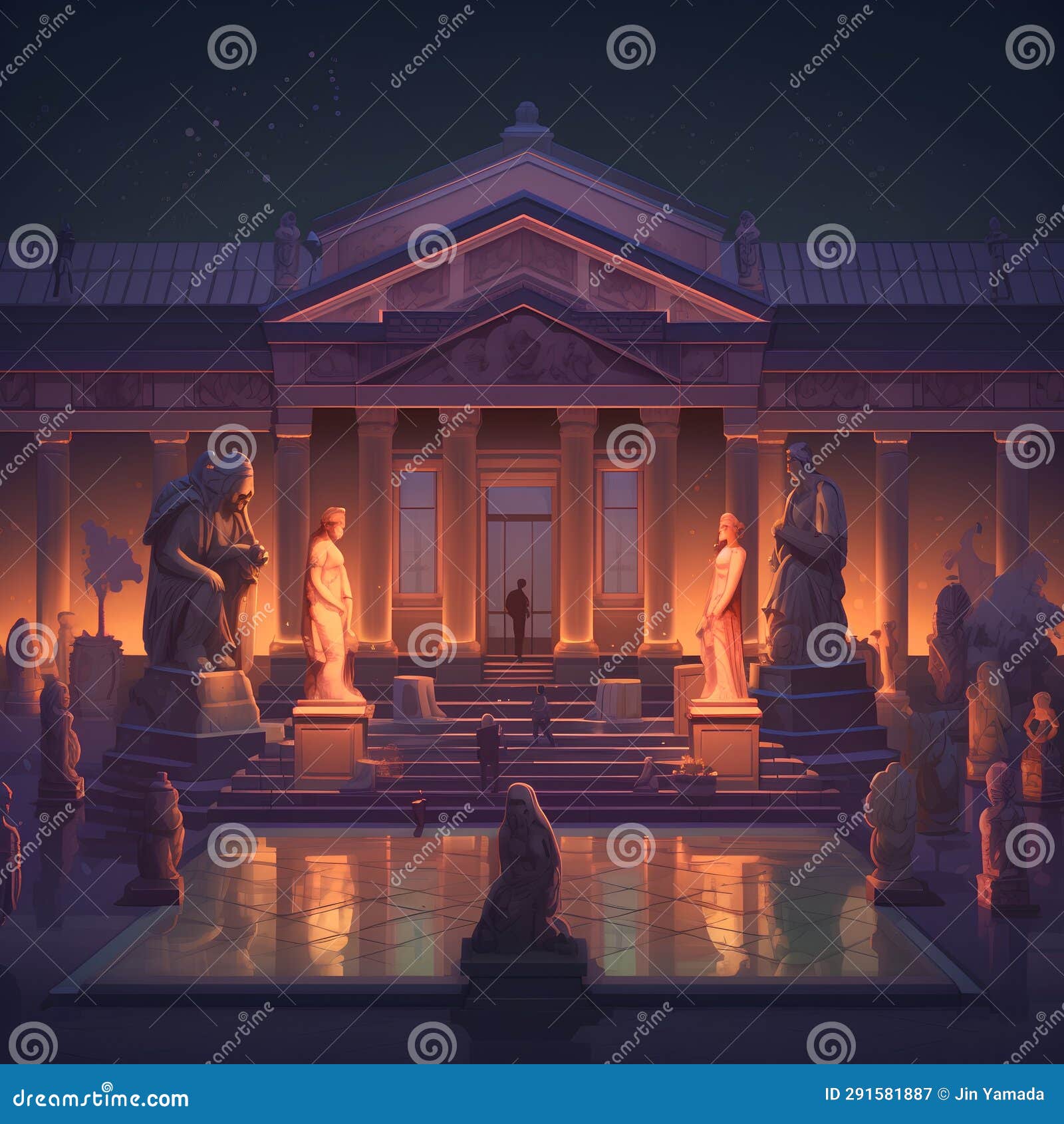 Ancient Greek Temple with Columns and Statues at Night. 3d Rendering ...